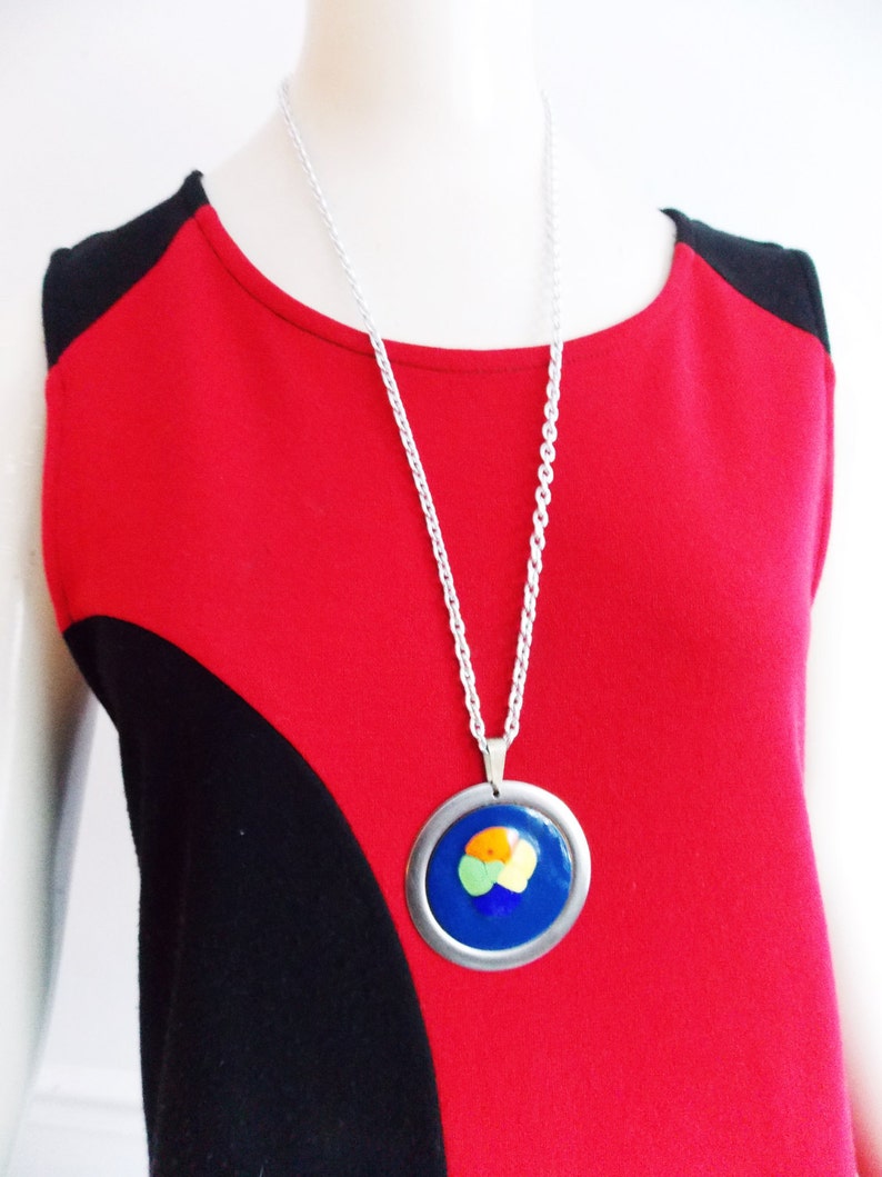 European 1960s Mod Blue Enamel Copper Pendant Necklace/ 60s Large Multi ...