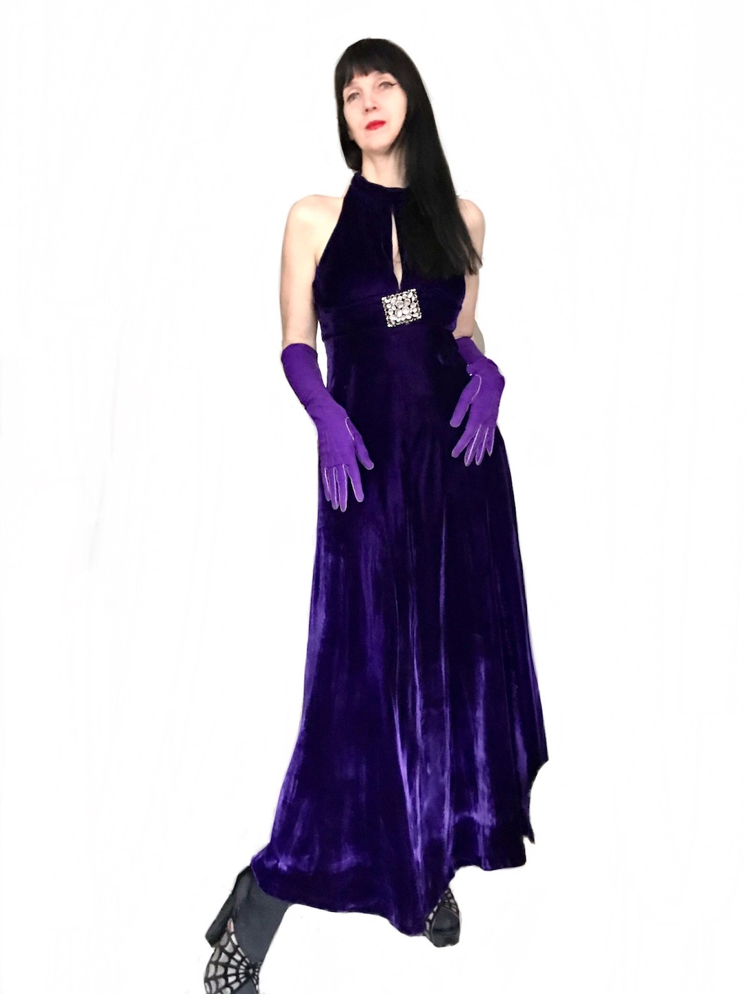 1970s Brutalist Long Purple Velvet Evening Cocktail Dress / 60s Evening ...