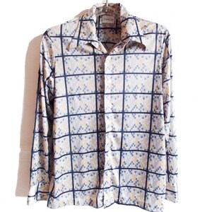 1970s Blue Grid Print Blouse/ 70s Color Block Retro Shirt/ 70s Band ...