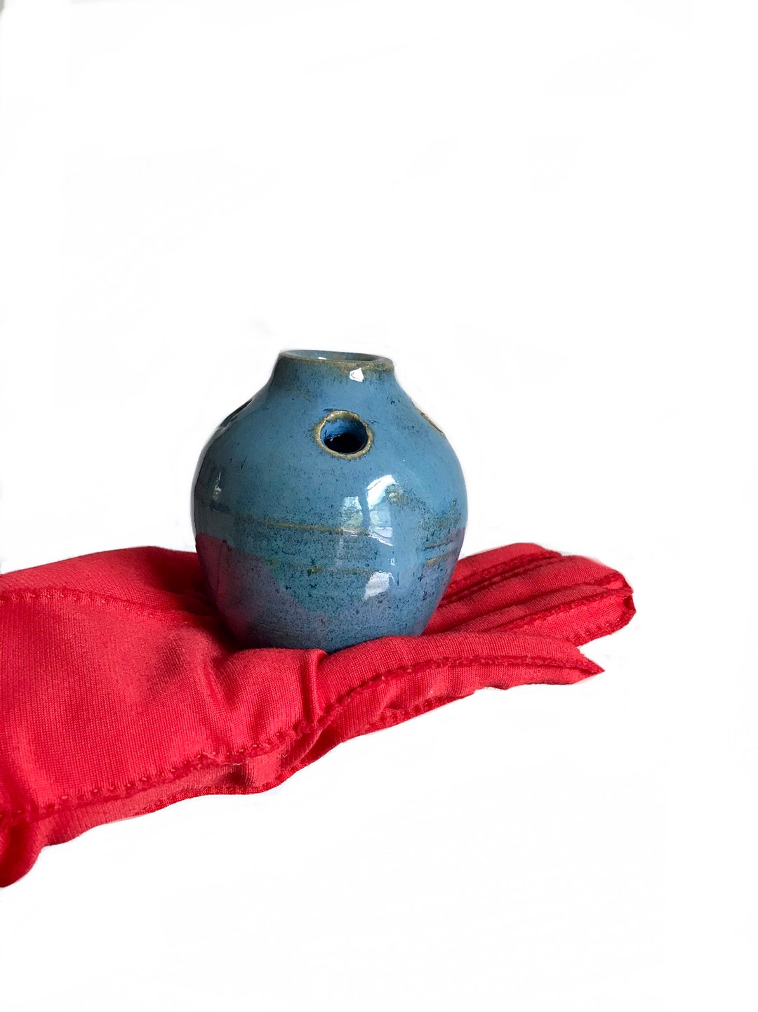 Signed Small Blue Ceramic Cut Outs Vase/ Mid Century Miniature Studio ...