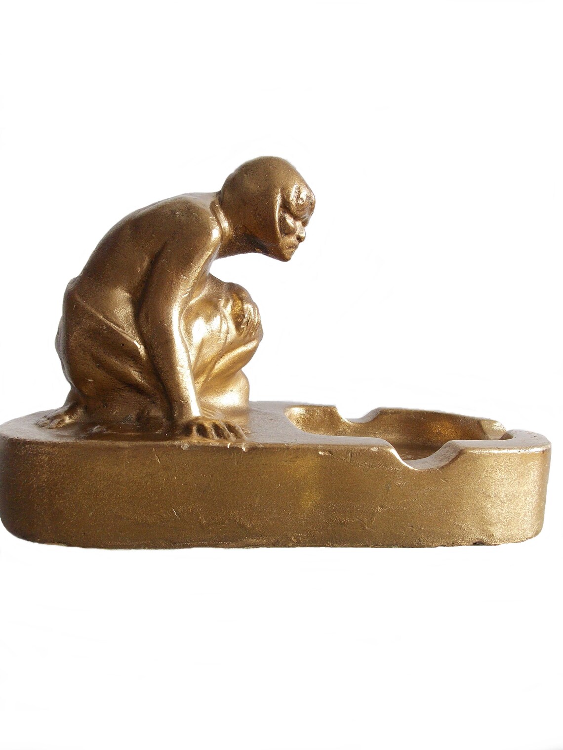 Art Deco Kneeling Man Gold Plaster Ashtray / 1930s Aztec Indian Native ...
