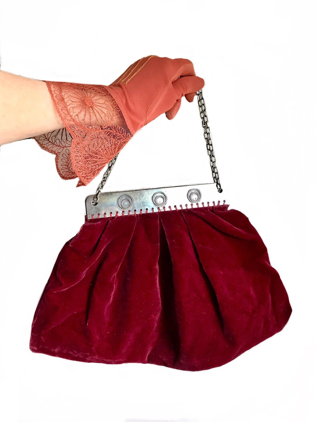 Vintage 1920s Burgundy Red Velvet Purse / Large 1910 20s Flapper Art ...