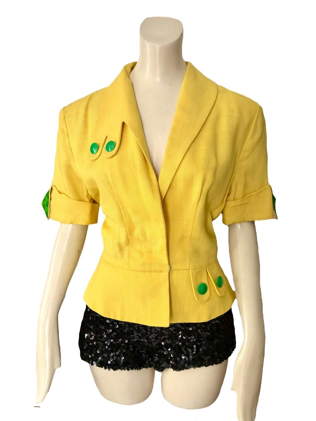 Vintage 1950s Yellow Linen Jacket / 50s Rockabilly Green Button ...