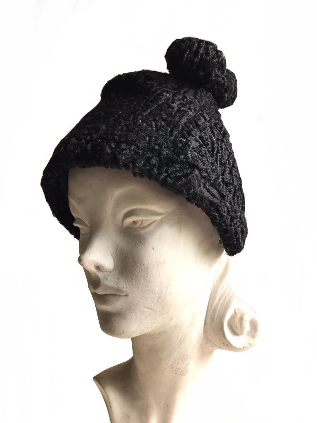Vintage Curly Persian Lamb Wool Hat: 1930s-40s Black Felt Pom Pom - Etsy