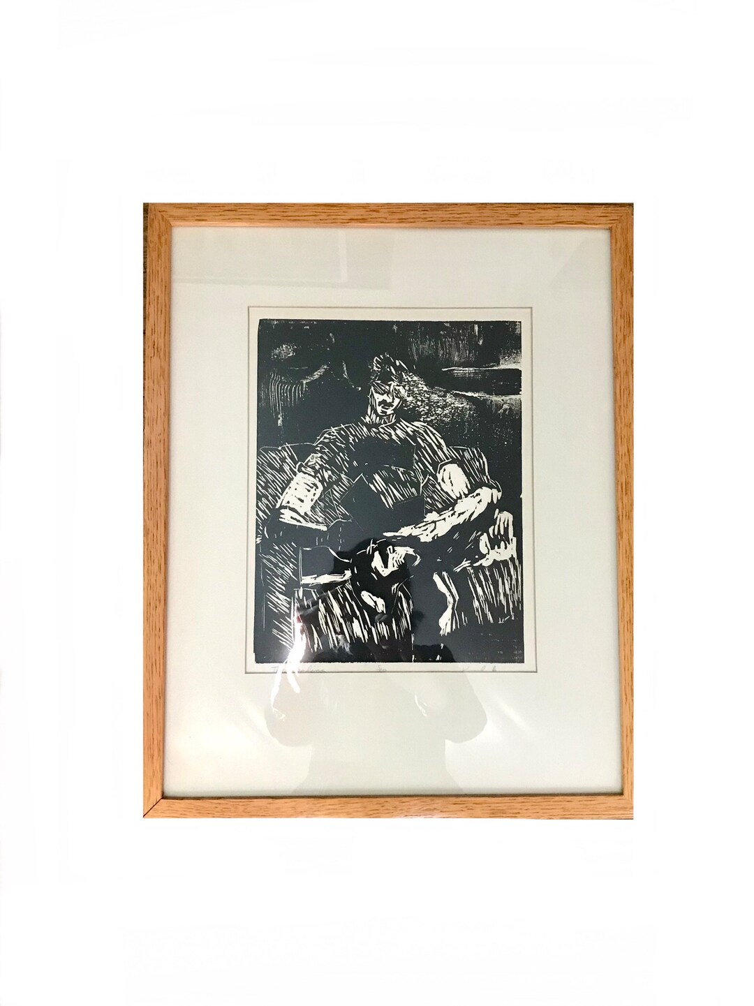 Mid Century Signed Block Print / 1970s Abstract Reading Man Framed Wall ...