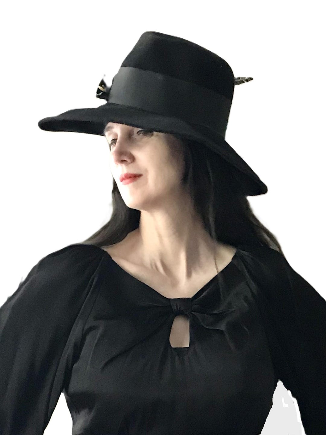 Vintage Frank Olive Fedora Hat: Black Wool Felt Wide Brim, Feather ...