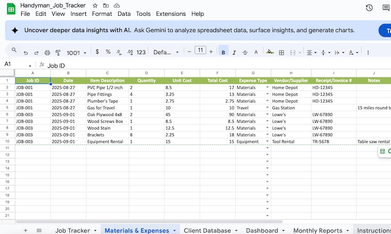 Handyman Business Spreadsheet Bookkeeping Template, Job Tracking, and ...