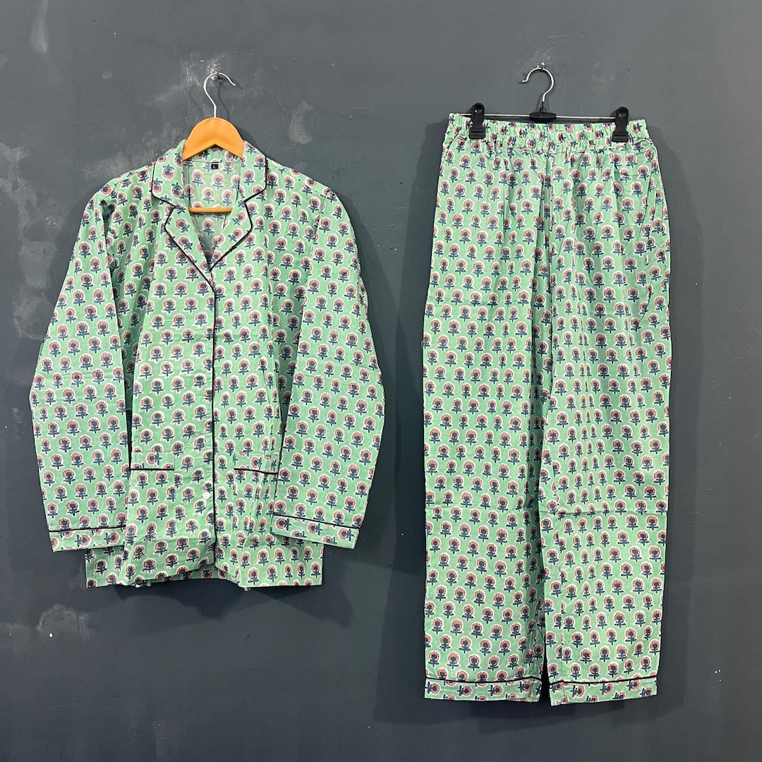 Cotton Handmade Flower Print Night Suit Pyjama Set Indian Style Women ...
