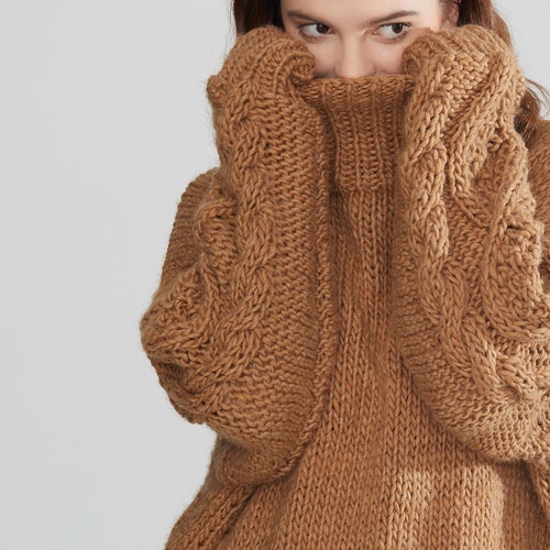 Hand Knit Oversize Woman Pullover Sweater Slouchy Wool Camel - Etsy