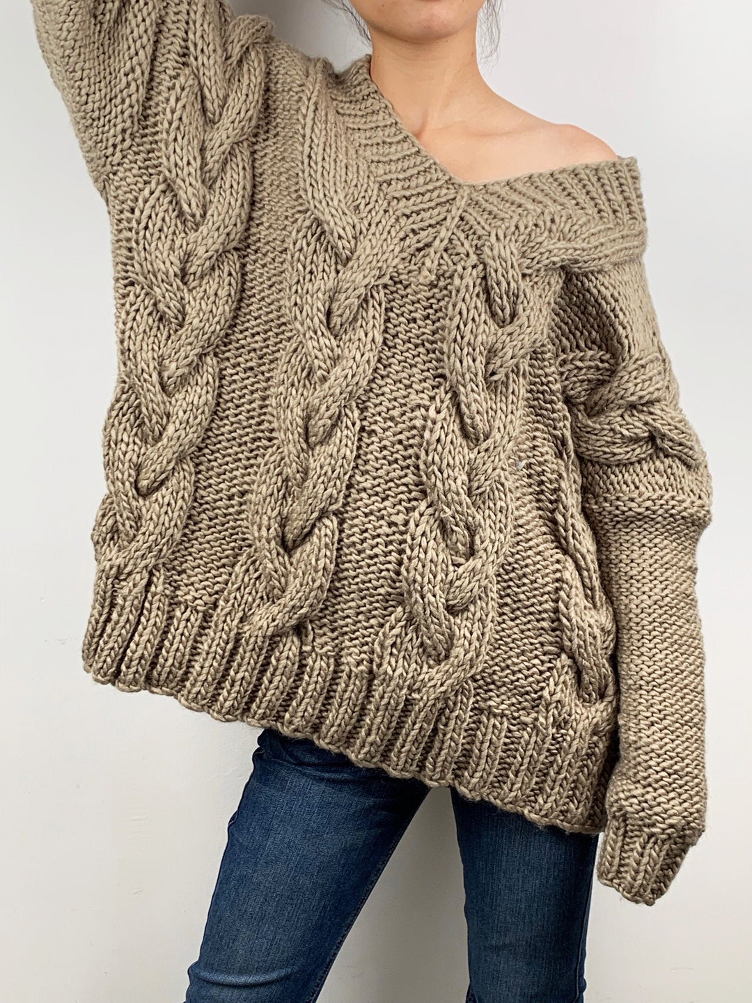 Hand Knit Sweater Wool Oversize Woman Pullover Sweater V-neck Slouchy ...