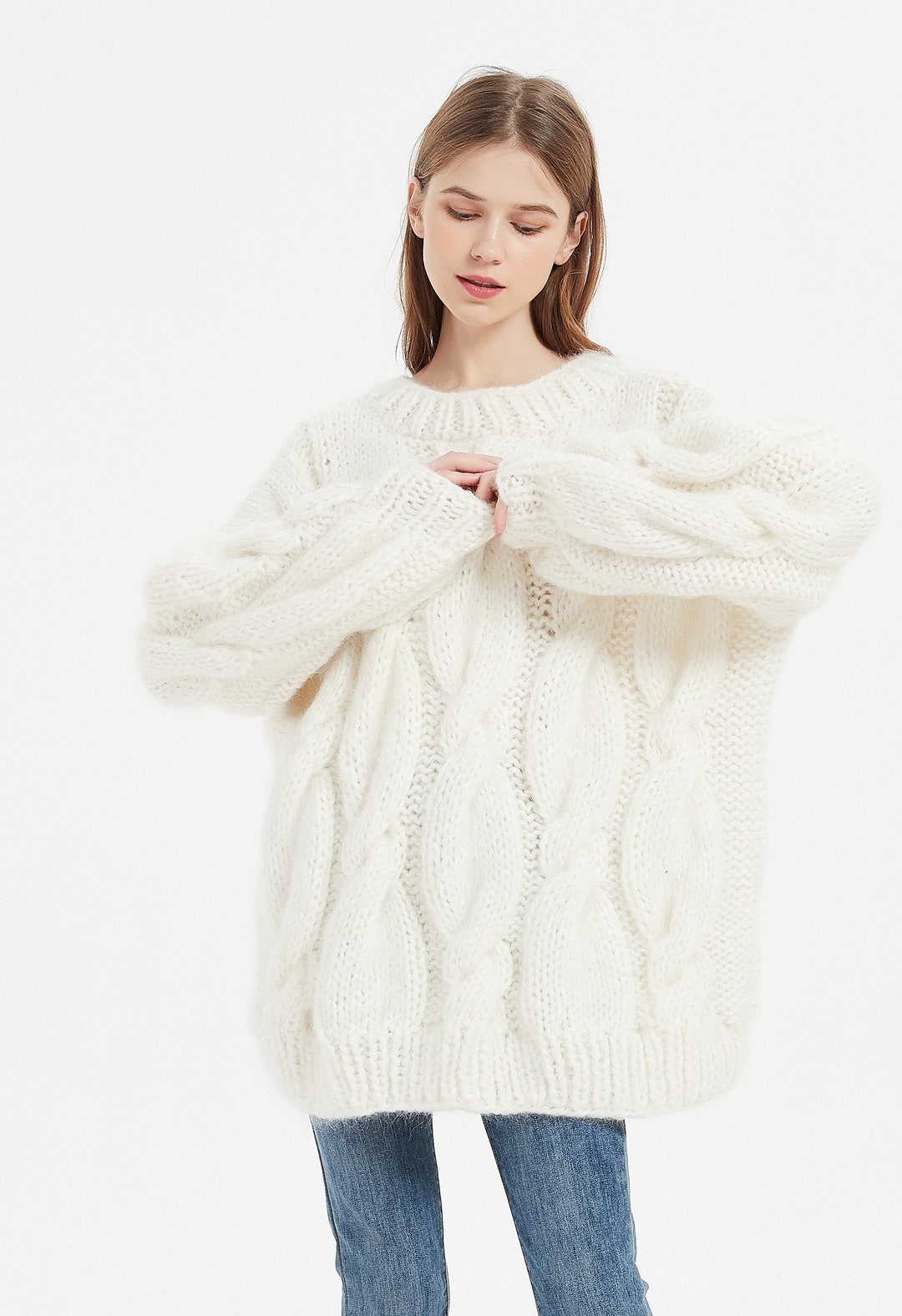 Hand Knit Oversize Woman Pullover Sweater Slouchy Mohair Crewneck Cable ...