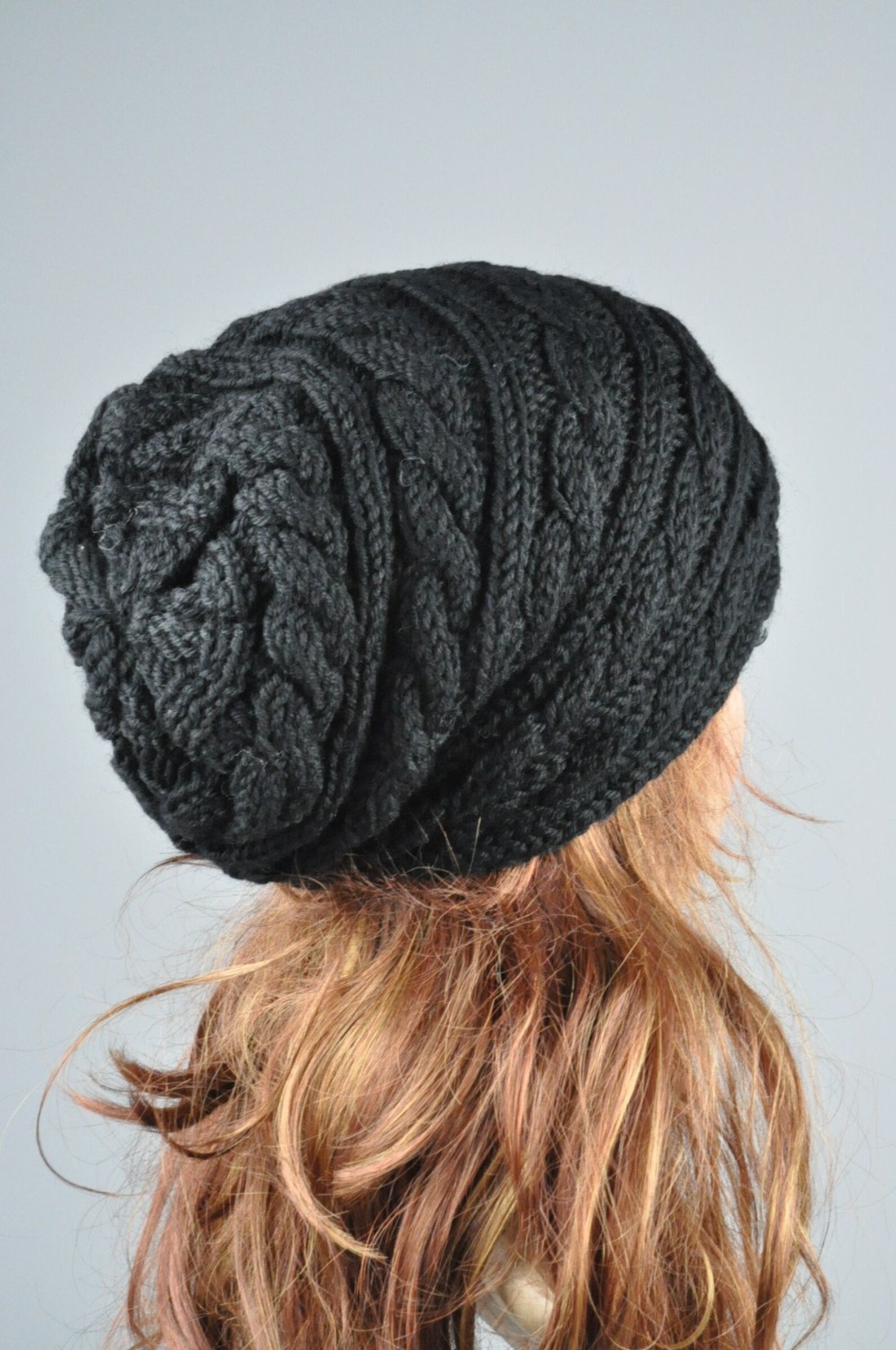 Hand Knit Hat Wool Woman Winter Hat Black Cable Slouchy - Etsy