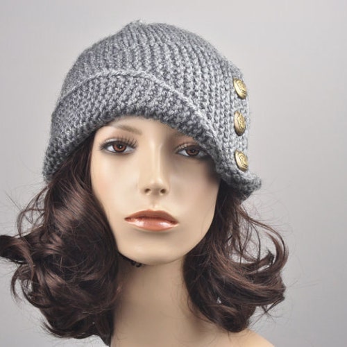 Hand Knit Woman Hat Fold Band Hat in Light Grey With Button - Etsy