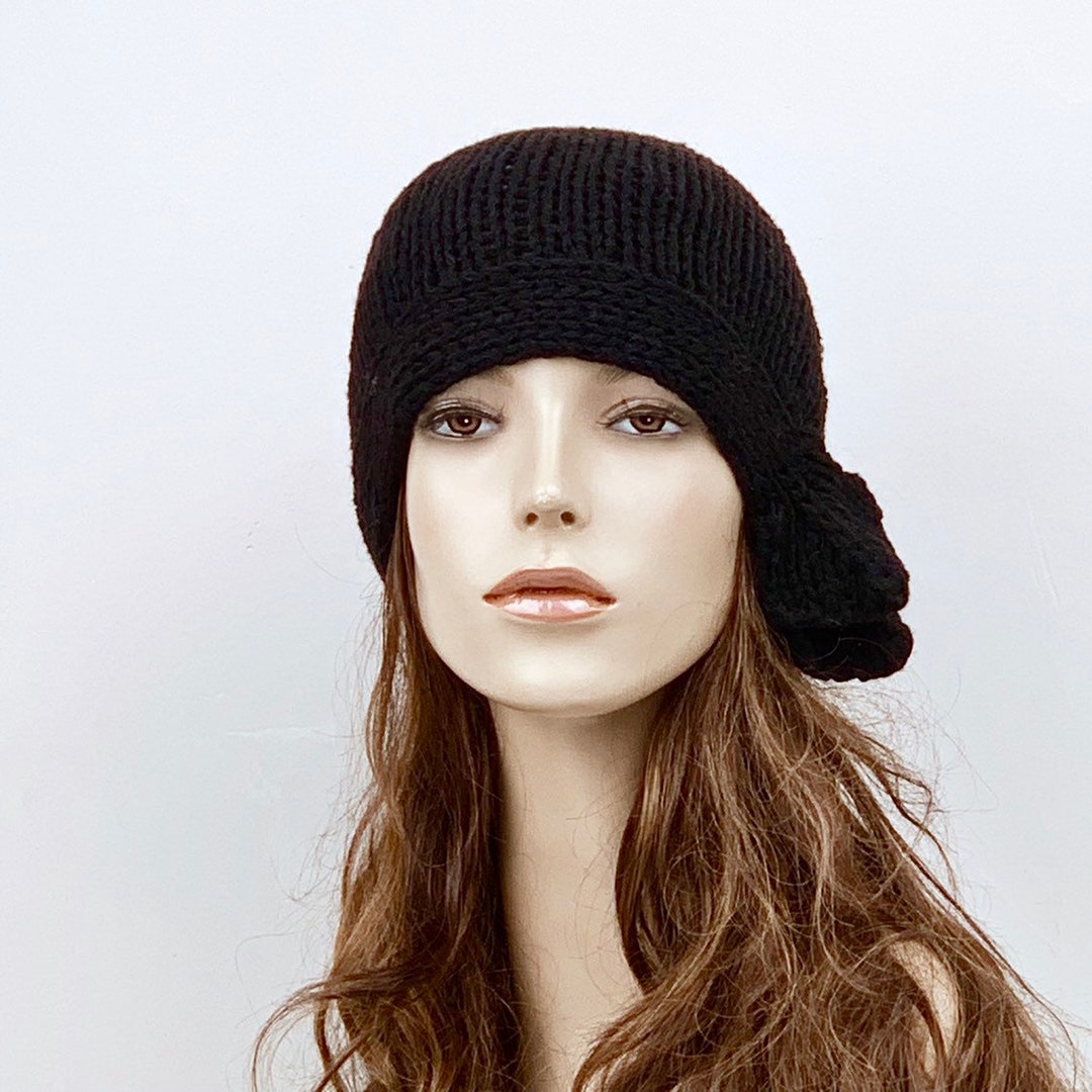 Hand Knit Hat Beret Hat With Side Band in Black - Etsy
