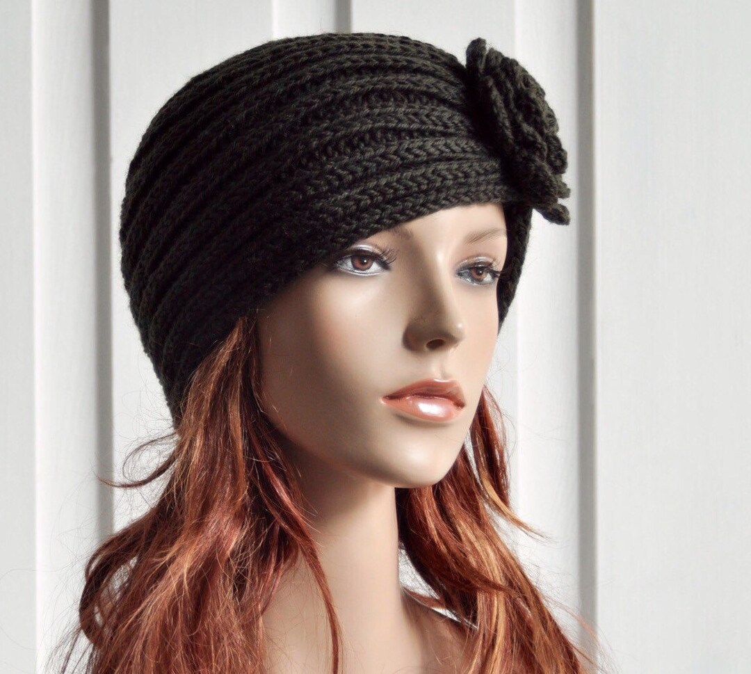 Hand Knit Hat - Wool Beret Hat With Crochet Flower in Olive Green - Etsy