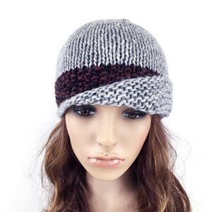 Hand Knit Hat Woman Hat Fold Band Hat Grey Hat Contrast Band Wool Hat ...