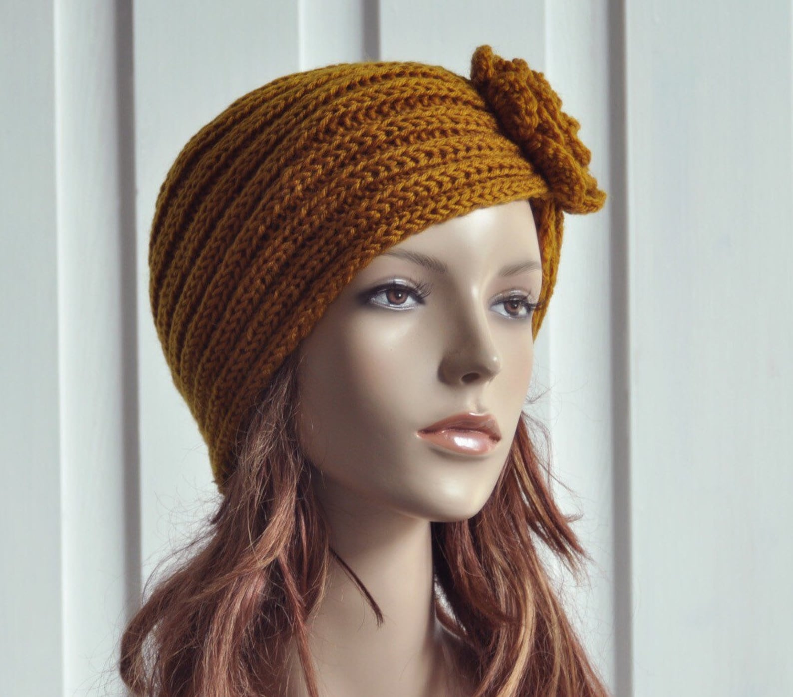 Hand Knit Hat - Wool Beret Hat With Crochet Flower in Mustard Yellow - Etsy