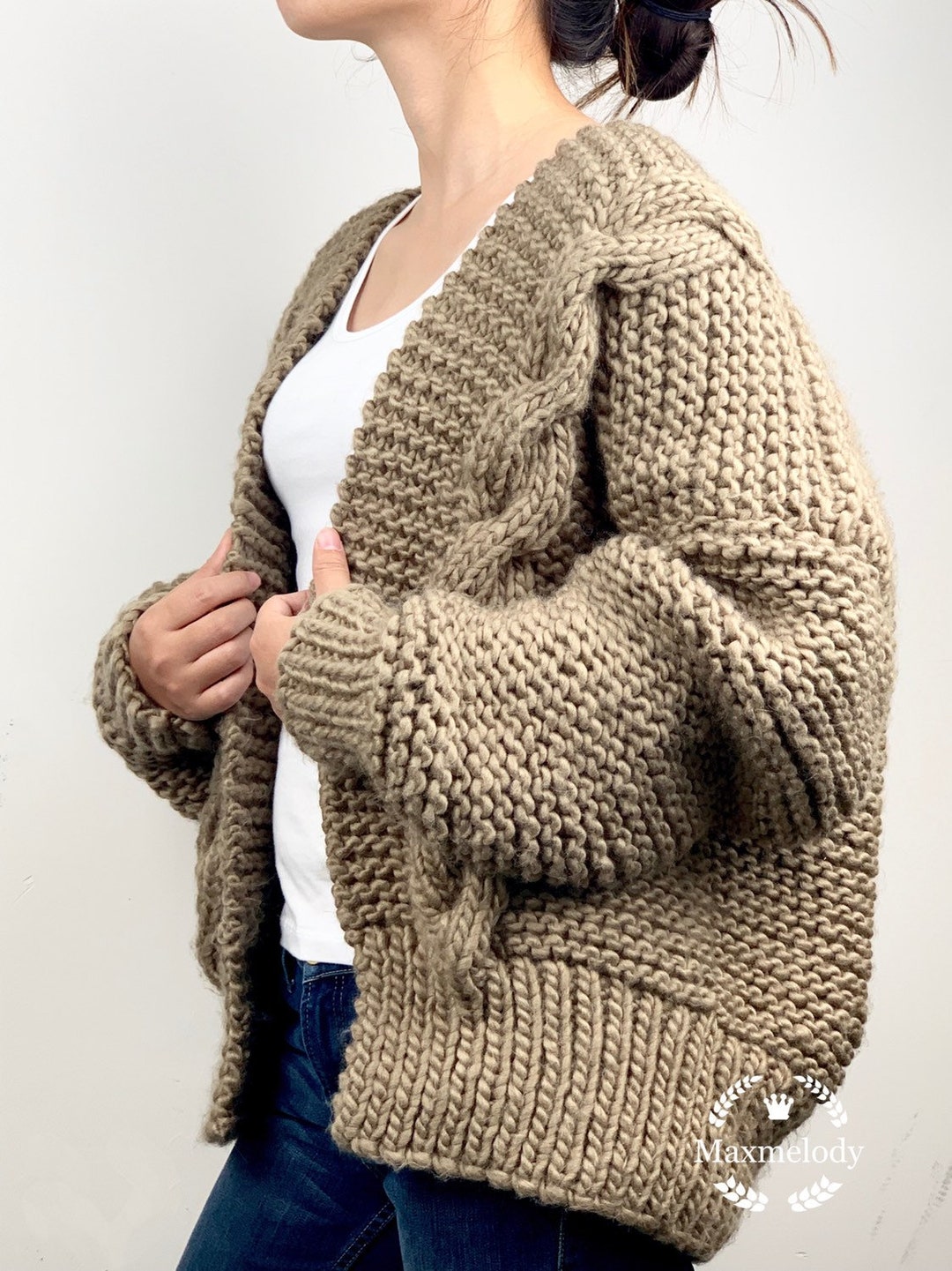 Hand Knit Oversize Woman Sweater Chunky Slouchy Khaki Wool Cable Knit ...