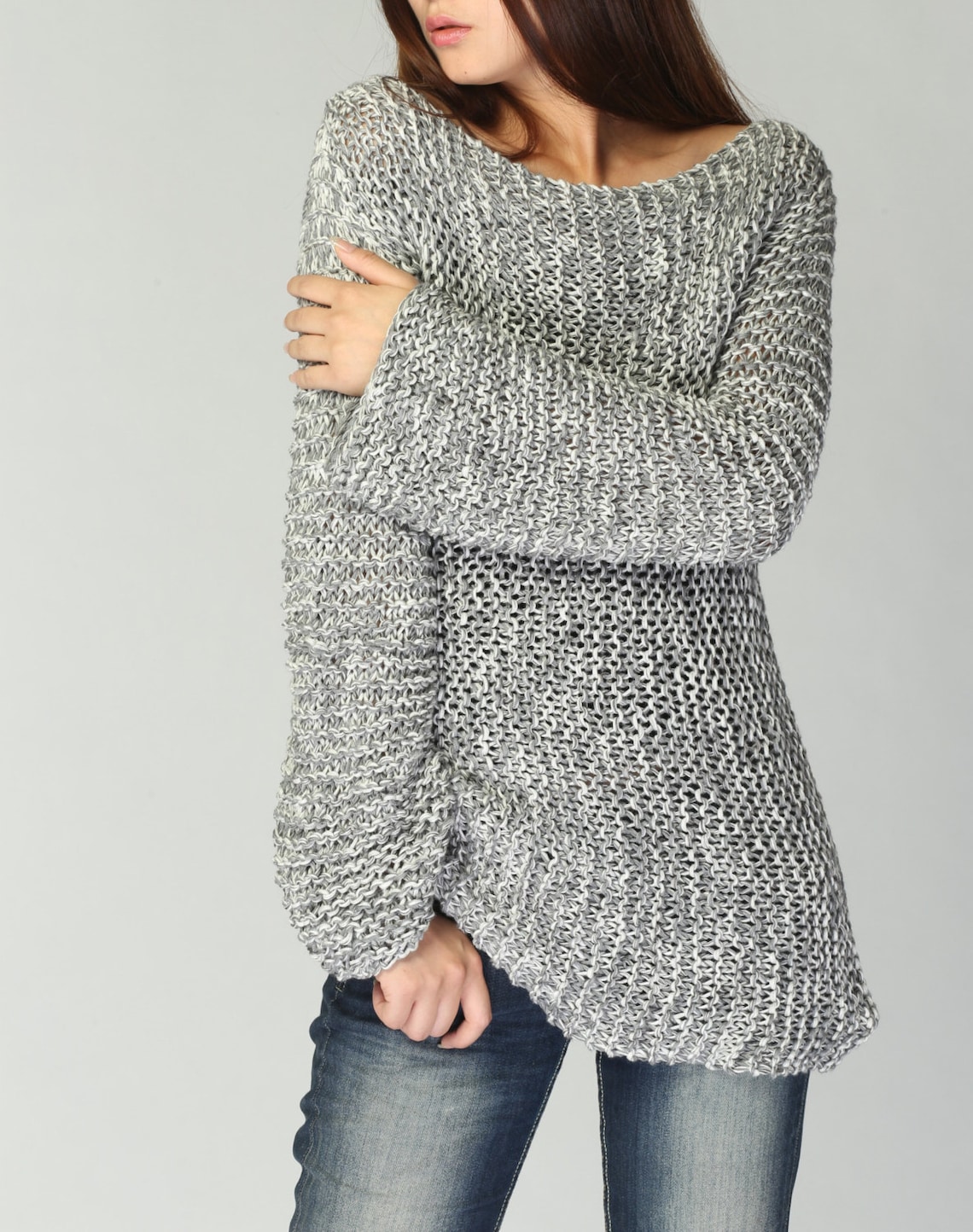 Hand Knit Woman Sweater Eco Cotton Long Sweater Light Grey - Etsy Canada