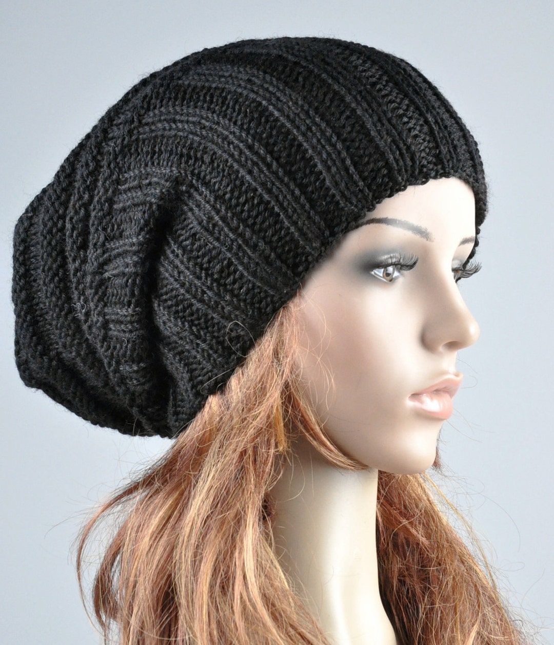Hand Knit Hat Black Chunky Wool Hat Slouchy Hat Rib Hat - Etsy