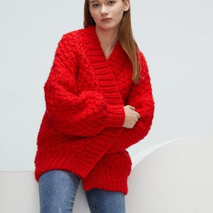 Hand Knit Oversize Woman Sweater Chunky Slouchy Red Wool Cardigan - Etsy
