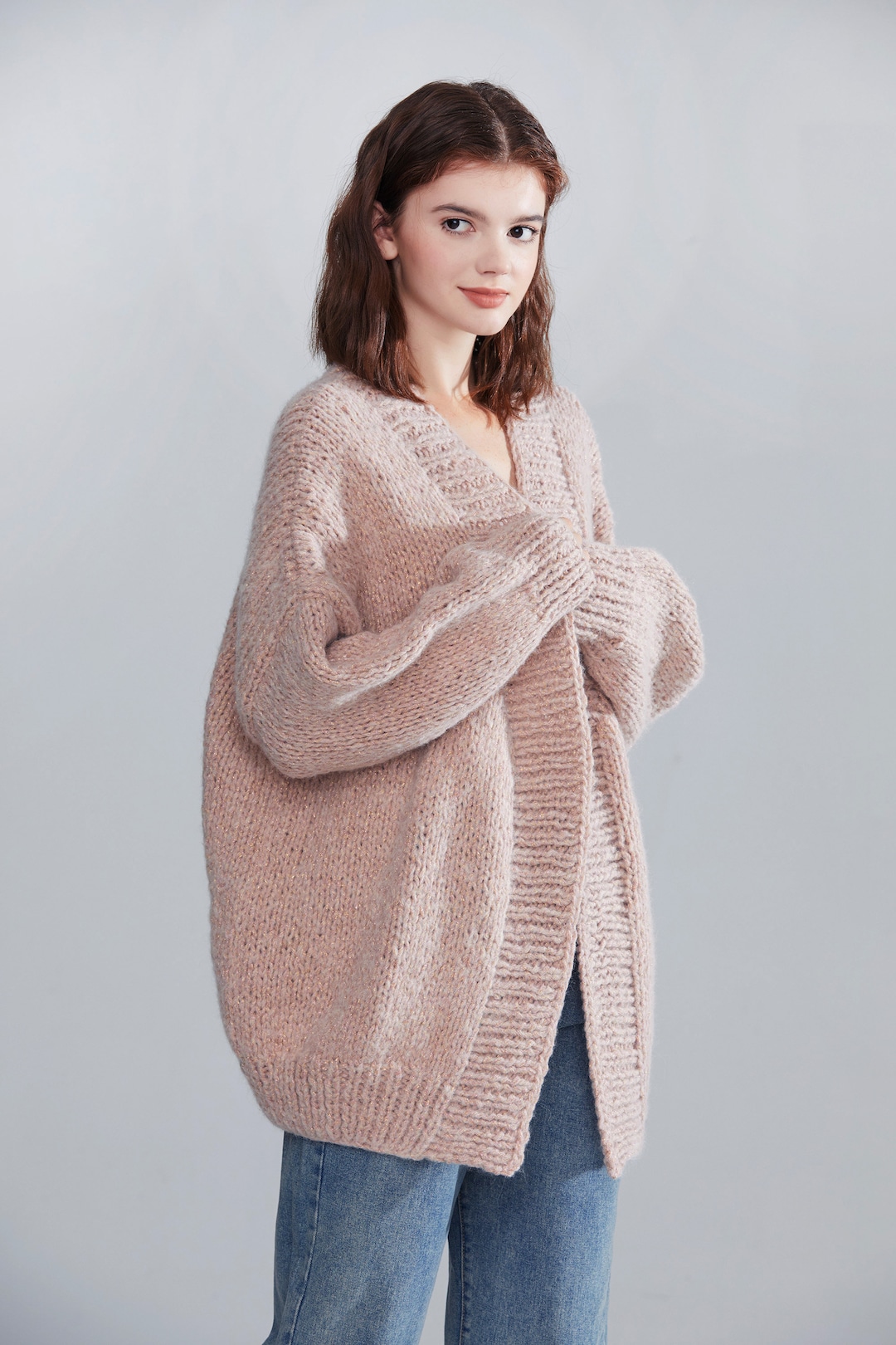 Hand Knit Oversize Woman Sweater Chunky Slouchy Dusty Pink Mohair Wool ...