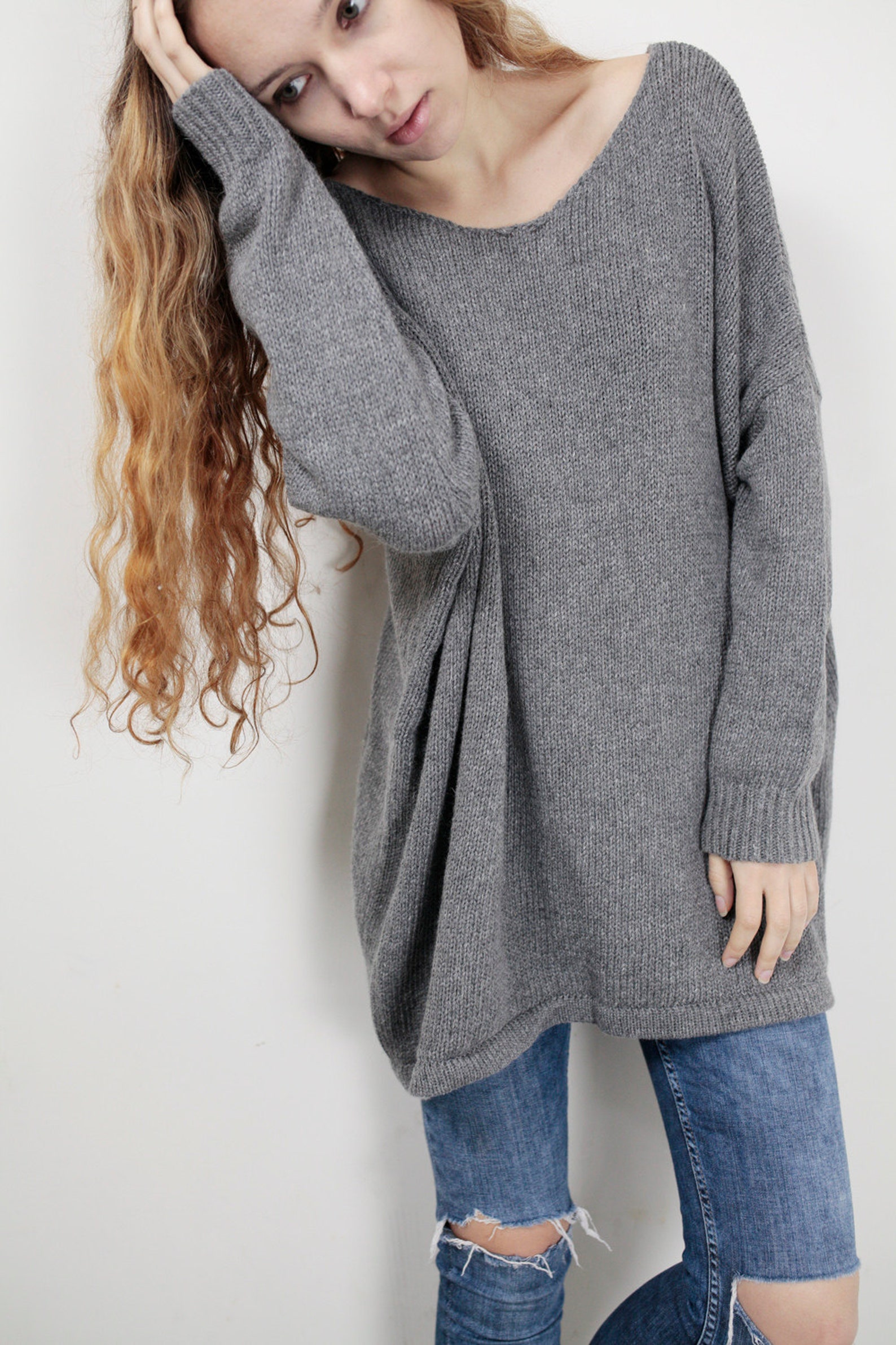 OVERSIZED Knit Woman Sweater Grey Pullover Wool Sweater - Etsy