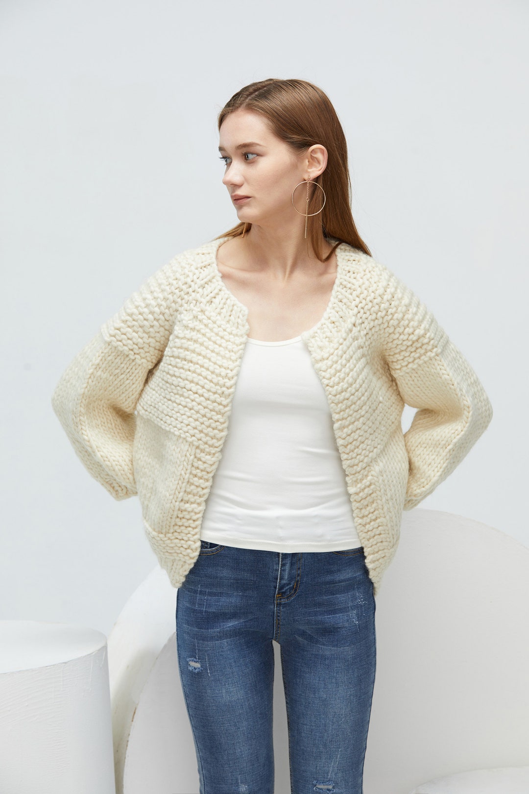 Hand Knit Oversize Woman Sweater Chunky Cream Wool Knit Cardigan - Etsy