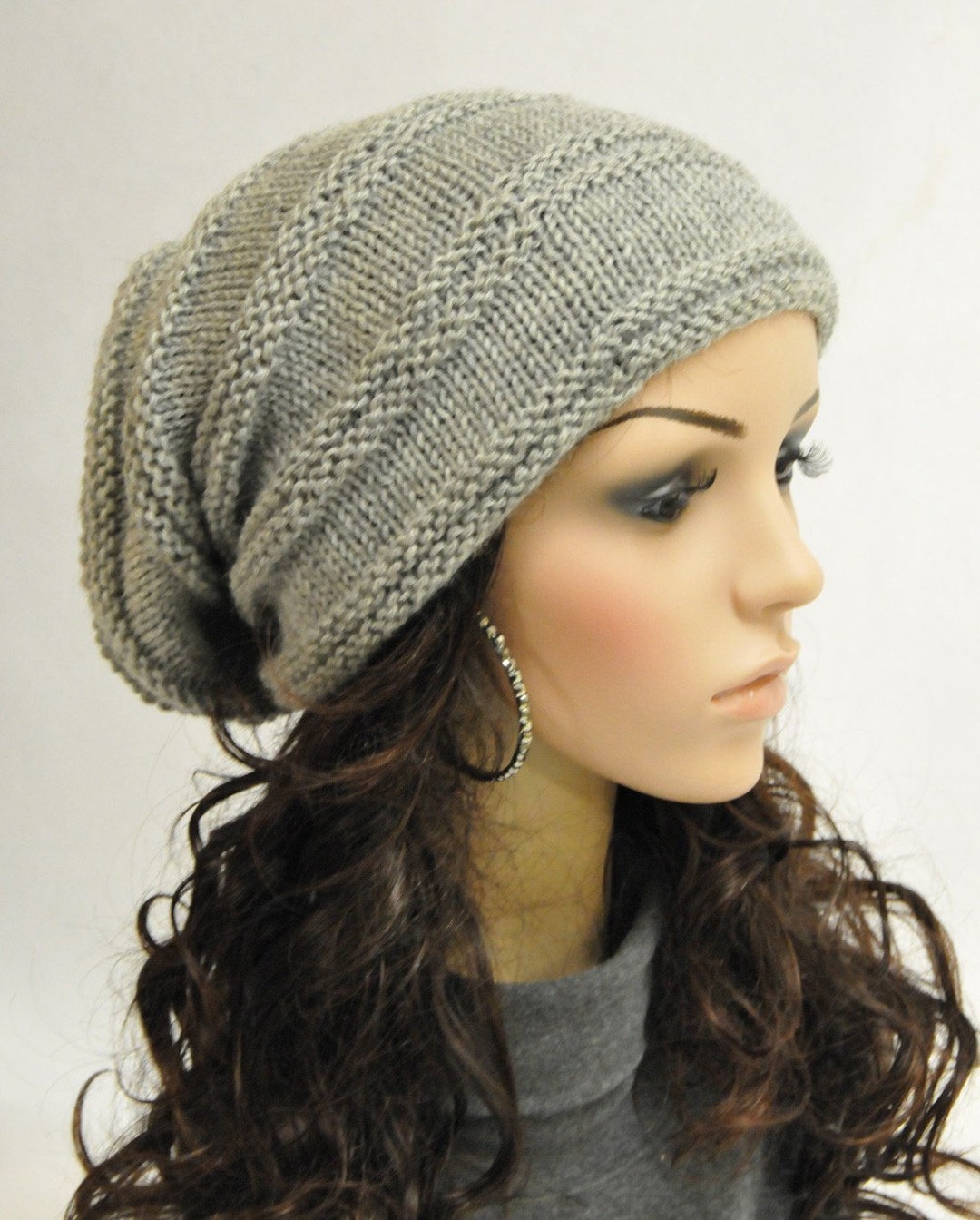 Hand Knit Slouchy Wool Hat Woman Men Unisex Hat Light Grey Wool Hat ...