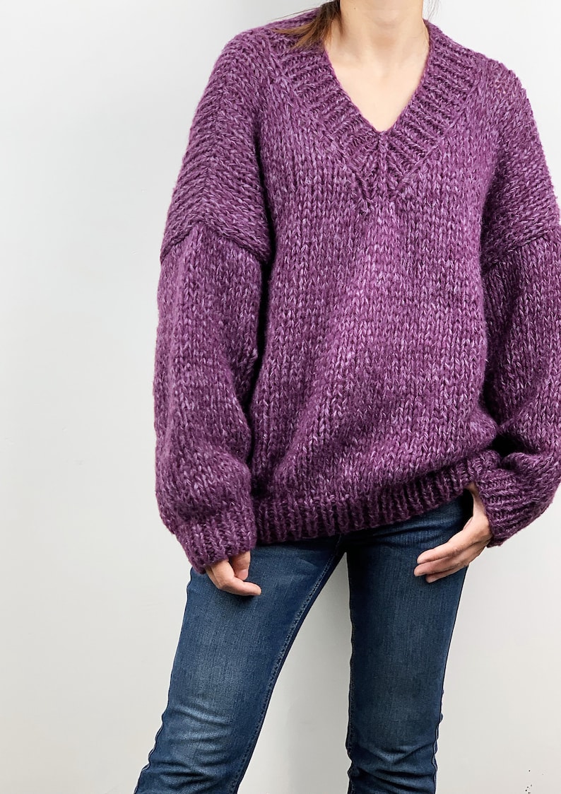 Hand Knit Oversize Woman Pullover Sweater V-neck Slouchy Mohair Sweater ...