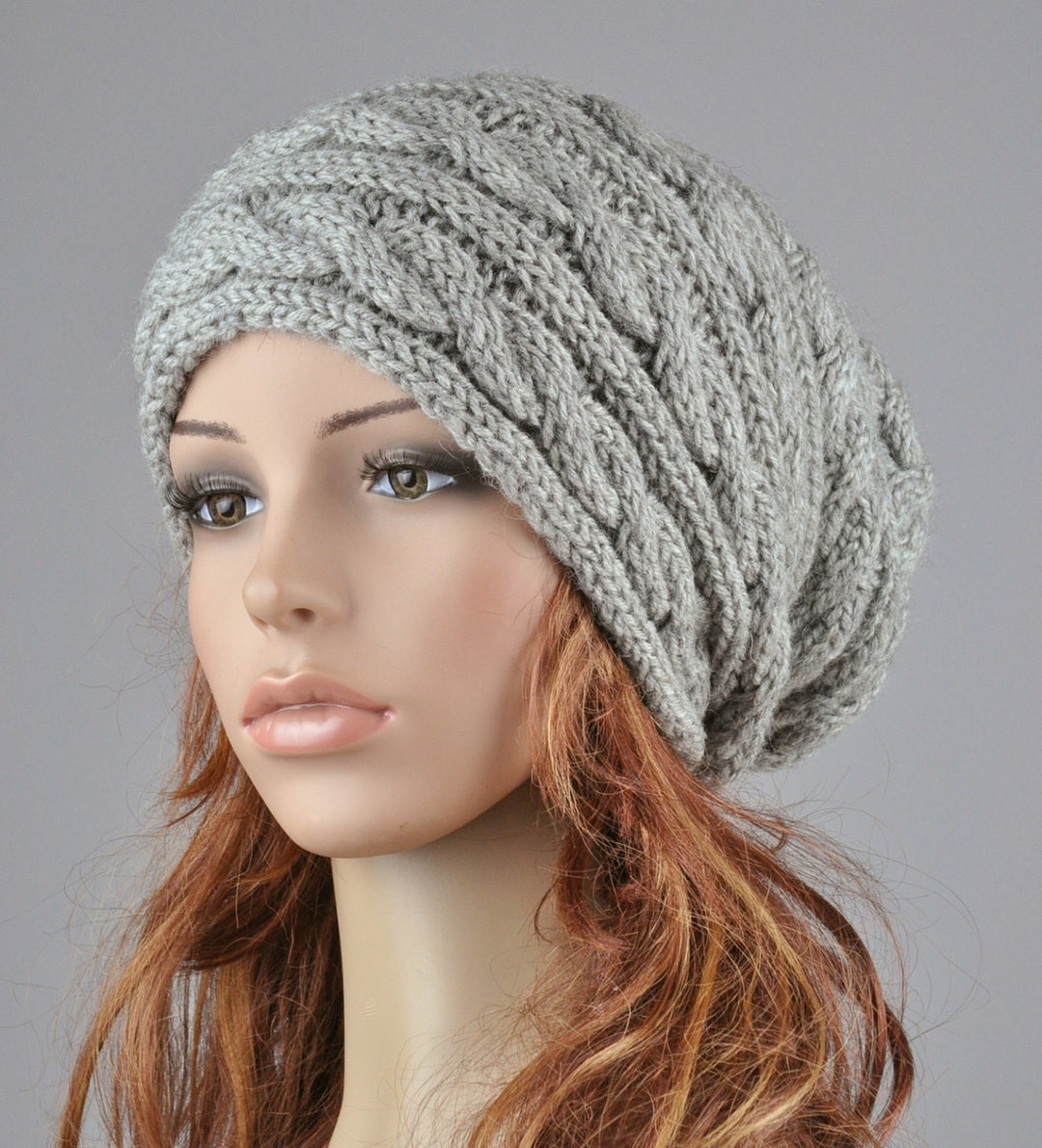 Hand Knit Hat - Grey Hat, Slouchy Hat, Cable Pattern Hat - Etsy