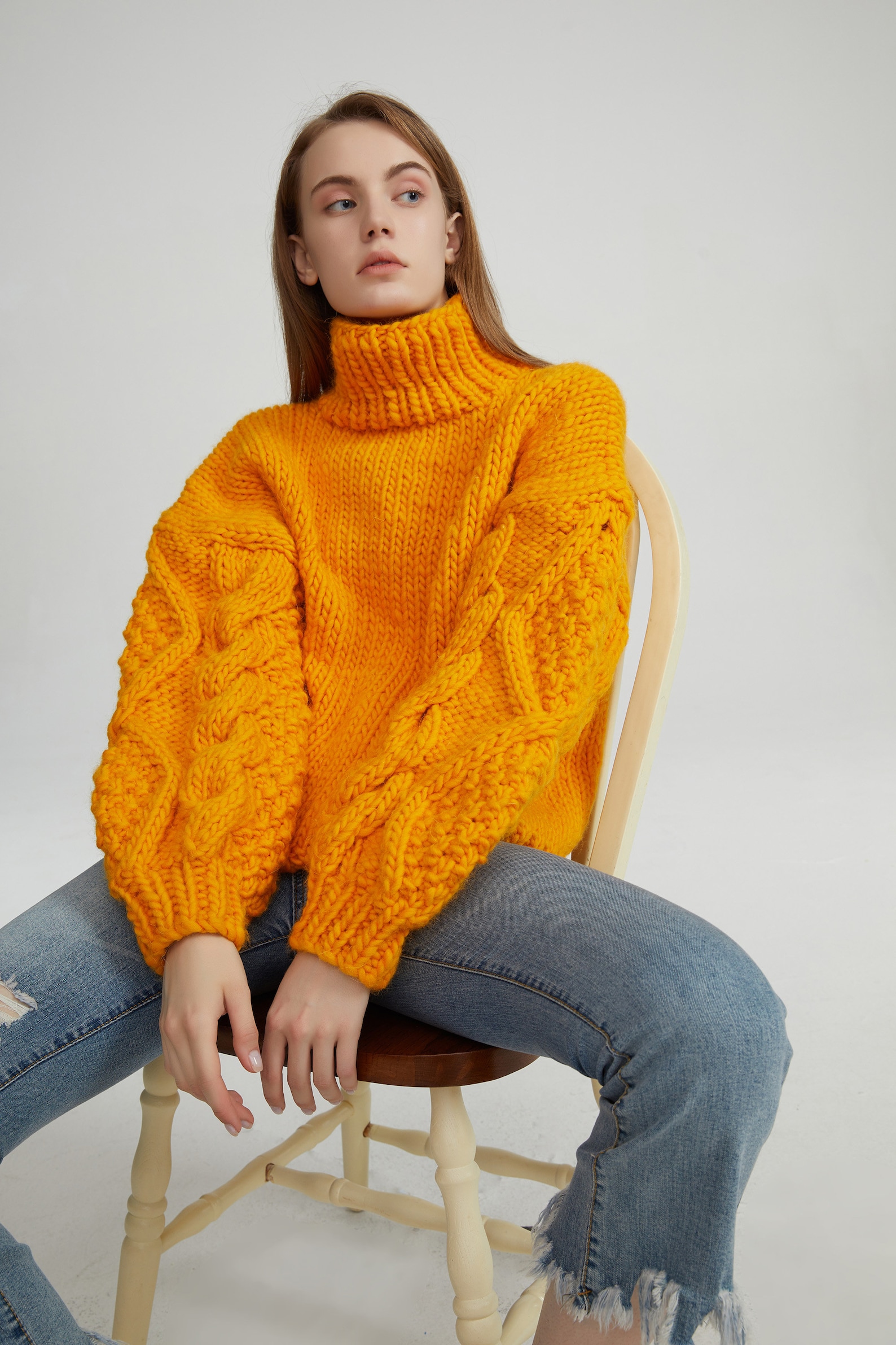 Hand Knit Oversize Woman Pullover Sweater Slouchy Wool Turtleneck ...