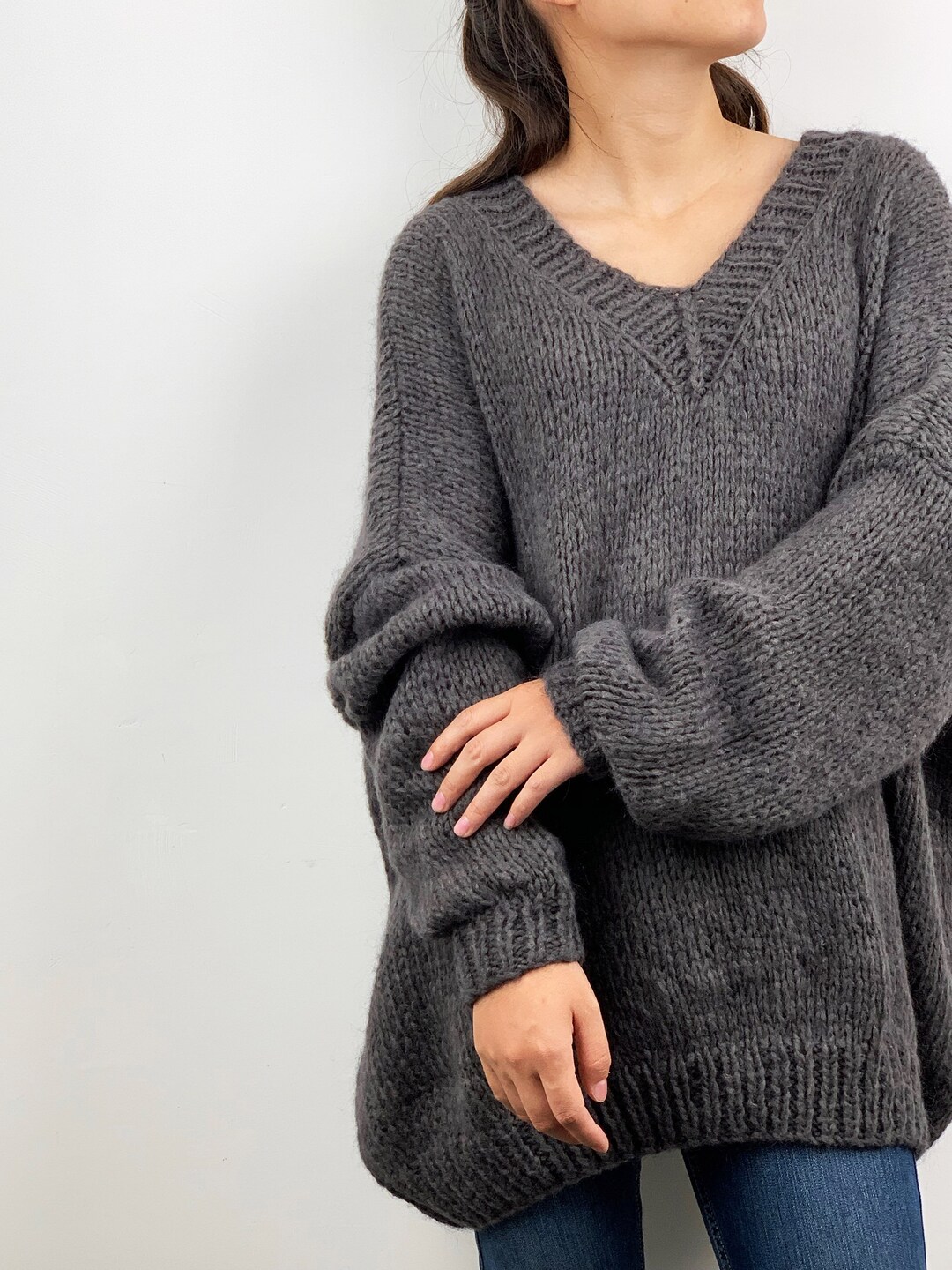 Hand Knit Oversize Woman Pullover Sweater V-neck Slouchy Mohair Sweater ...