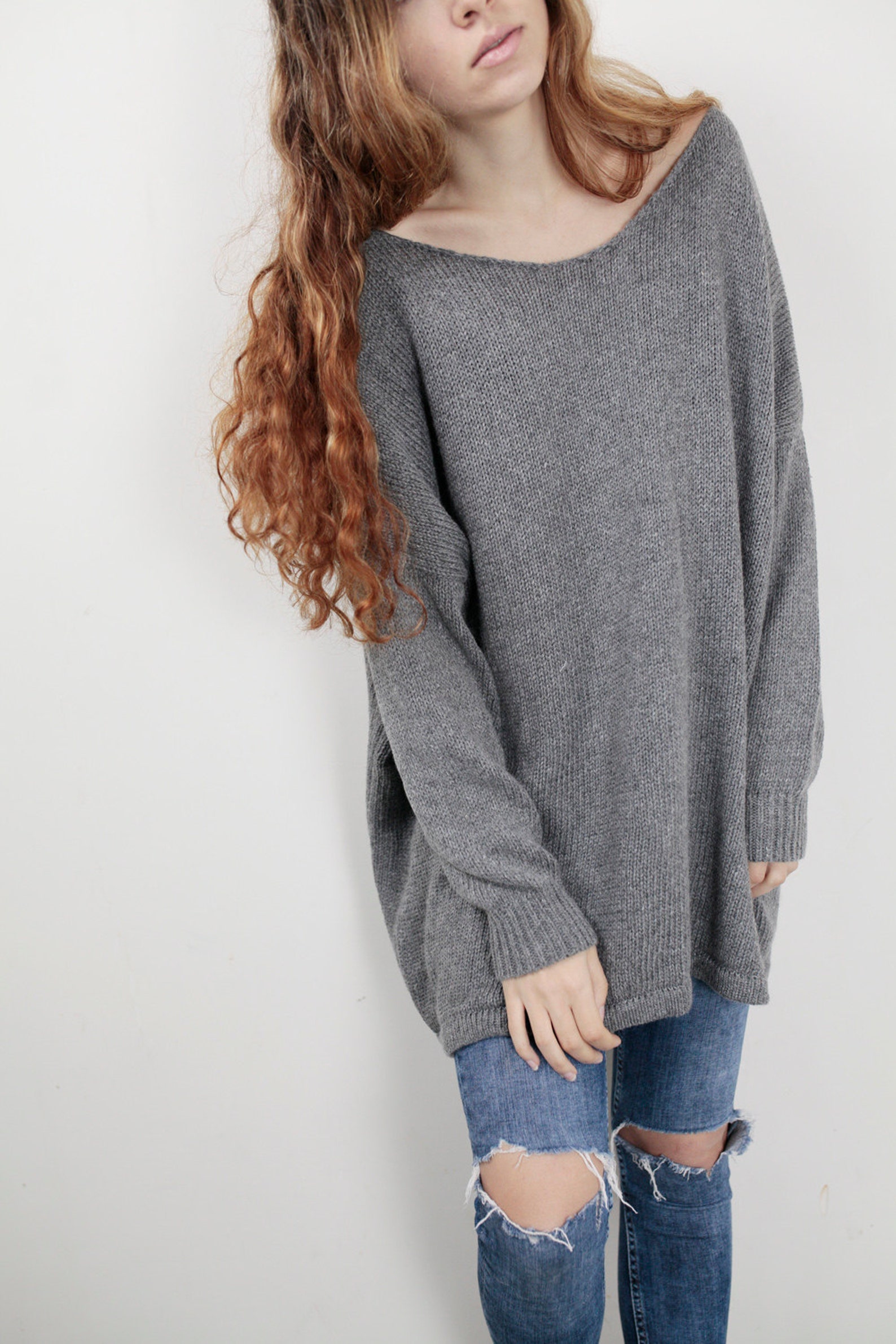 OVERSIZED Knit Woman Sweater Grey Pullover Wool Sweater - Etsy