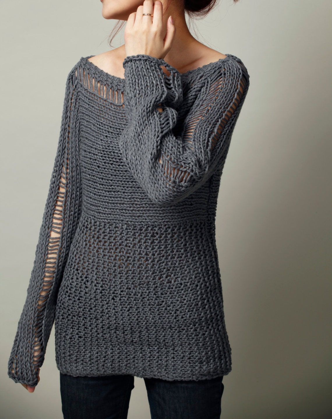 Hand Knit Woman Sweater - Eco Cotton Oversized Sweater in Charcoal Grey ...