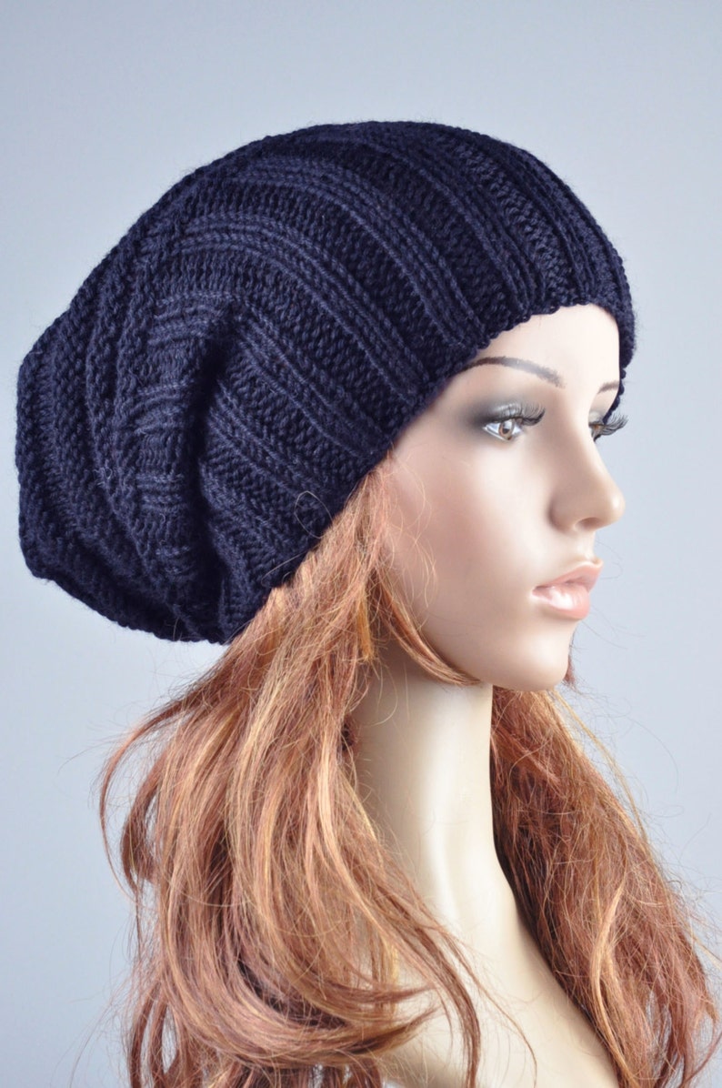 Hand Knit Hat Woman Man Winter Hat Navy Blue Wool Hat Slouchy Hat ...