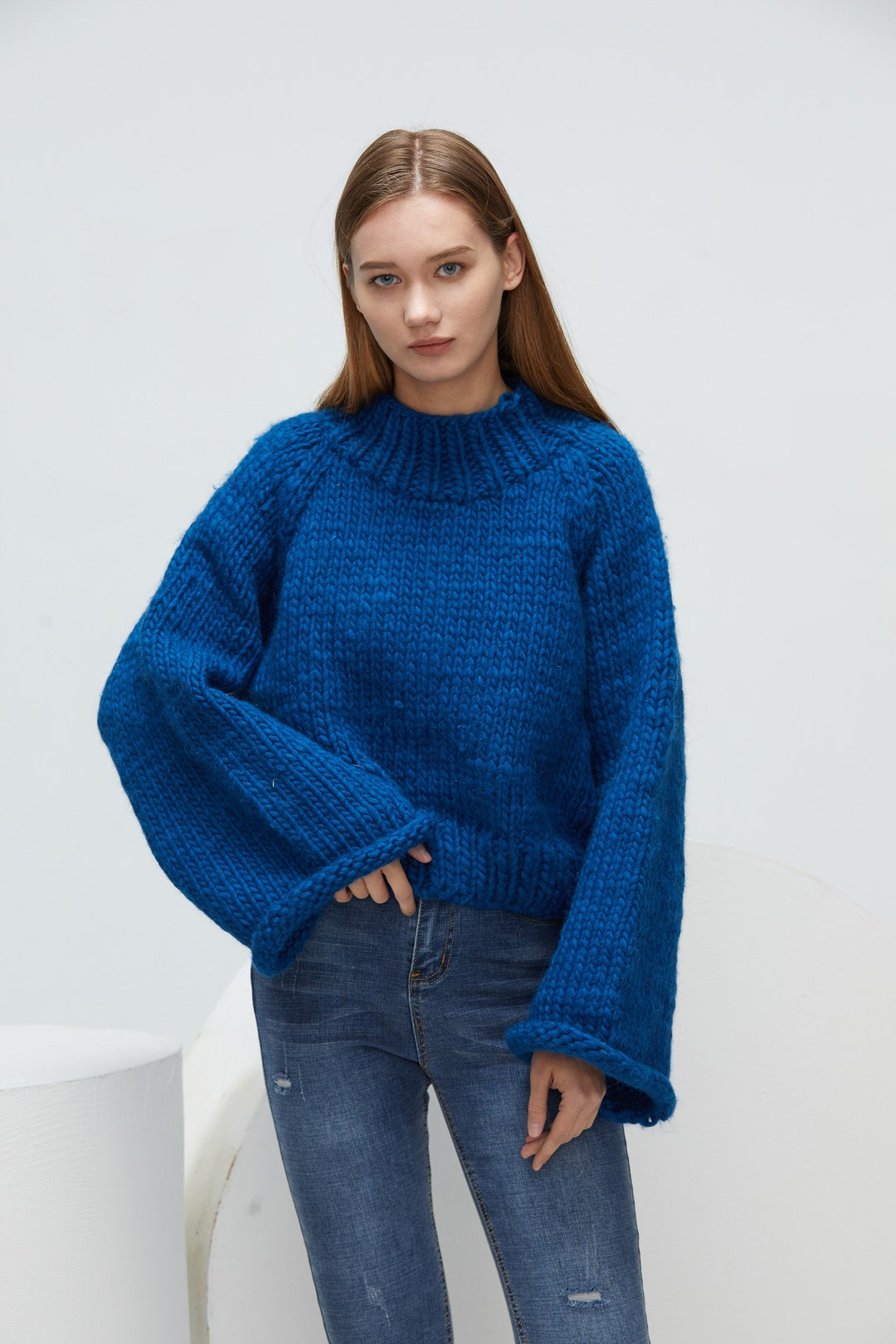 Hand Knit Oversize Woman Pullover Sweater Slouchy Wool Turtleneck ...
