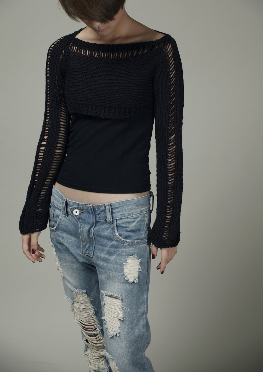 Hand Knit Eco Cotton Sweater, Little Shrug, Cover up Top in Black - Etsy