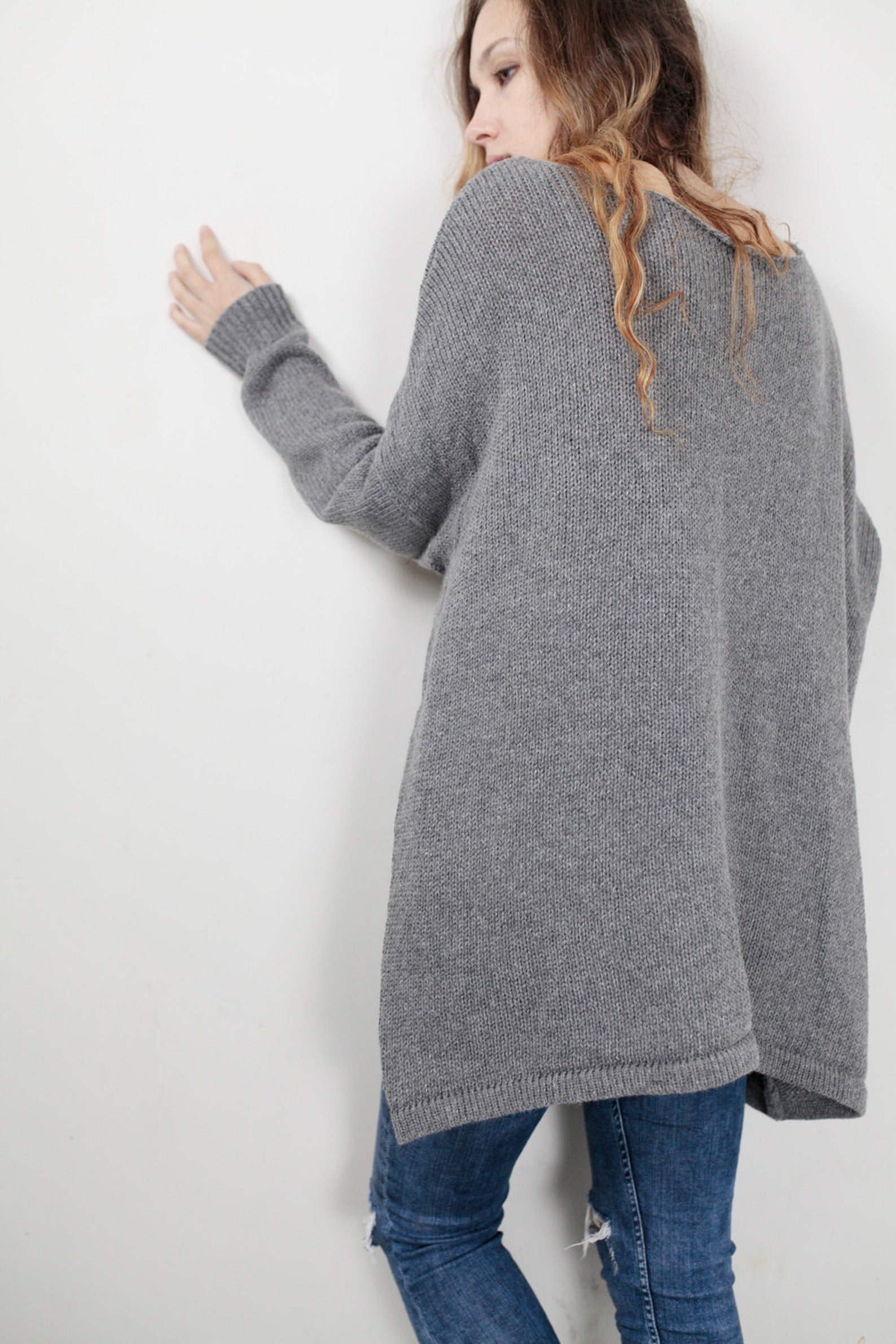 OVERSIZED Knit Woman Sweater Grey Pullover Wool Sweater - Etsy