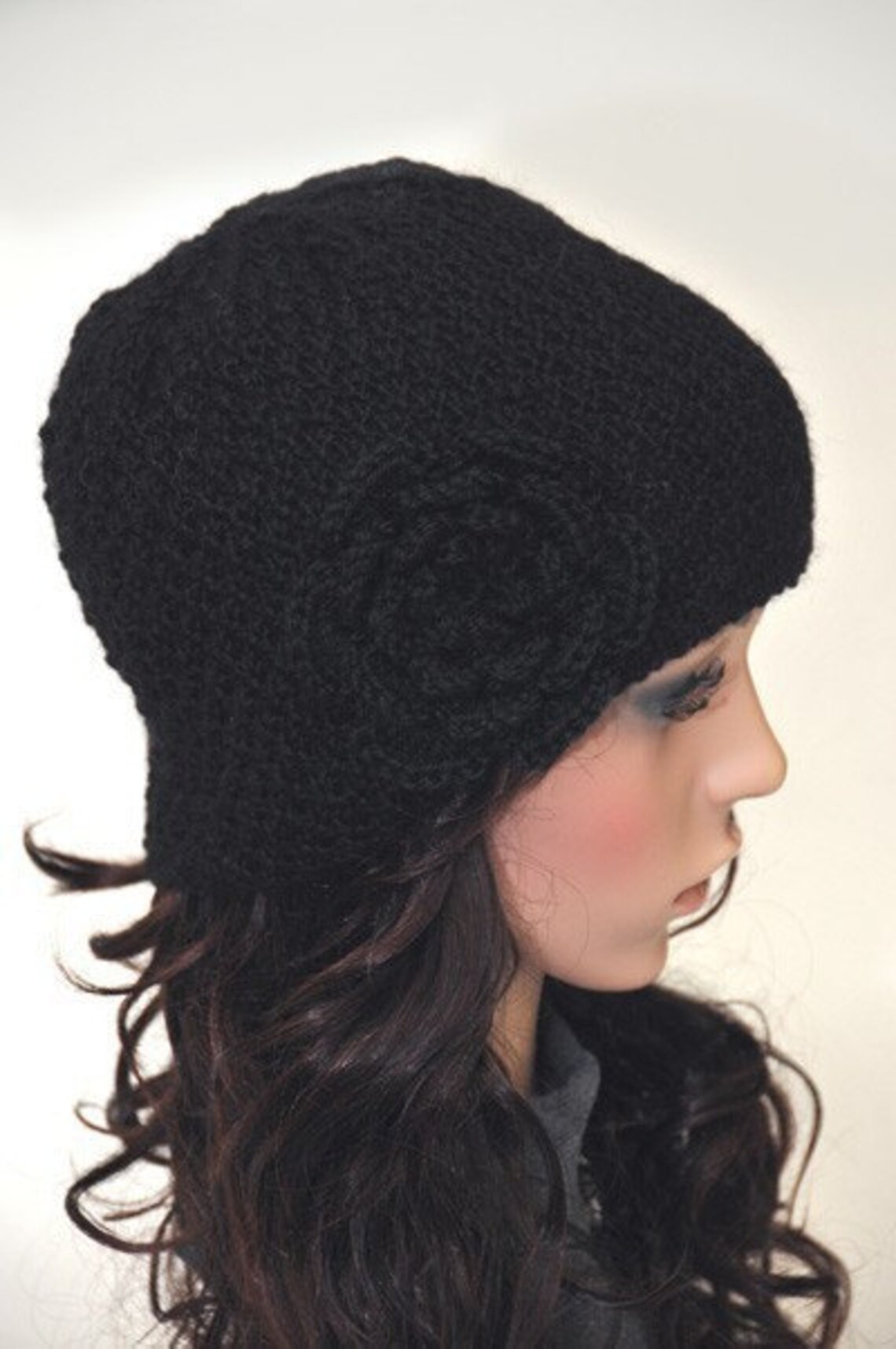 Hand Knit Beanie Hat With Crochet Flower Black Wool Hat - Etsy