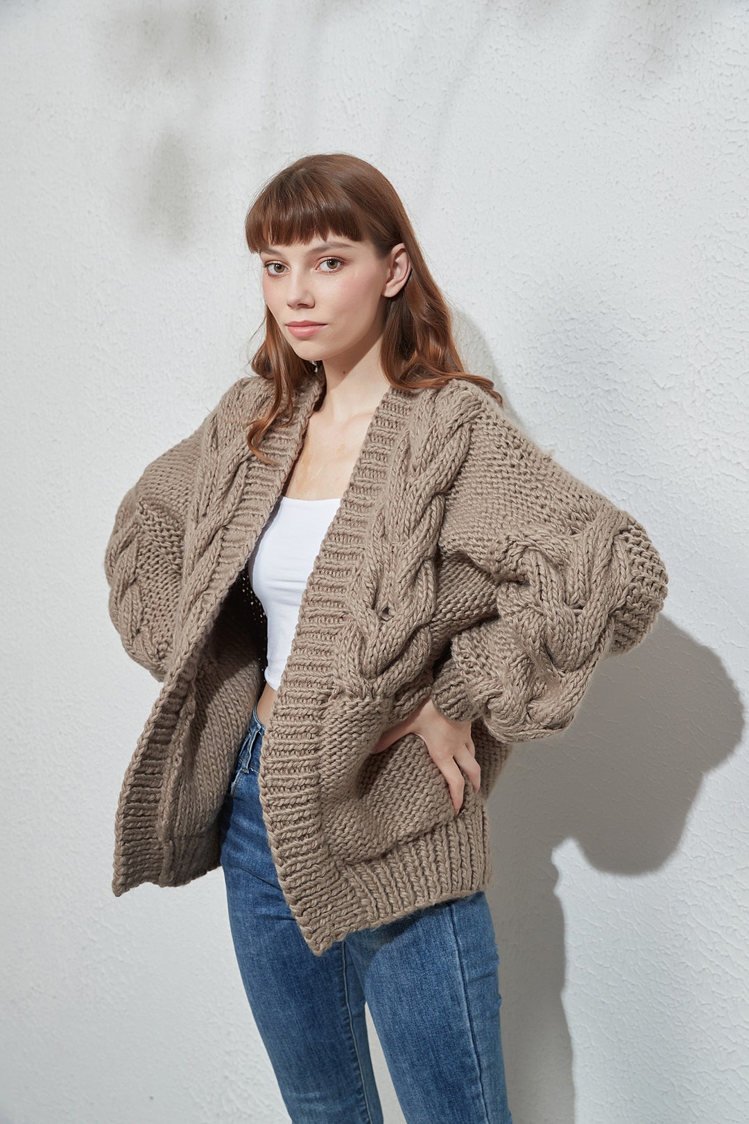 Hand Knit Oversize Woman Sweater Chunky Slouchy Dark Khaki Wool Cable ...