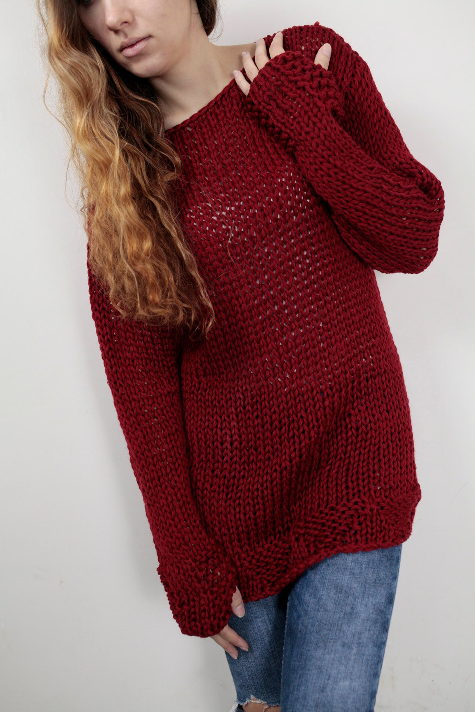 Hand Knit Woman Cotton Sweater Long Pullover Sweater Wine Burgundy - Etsy