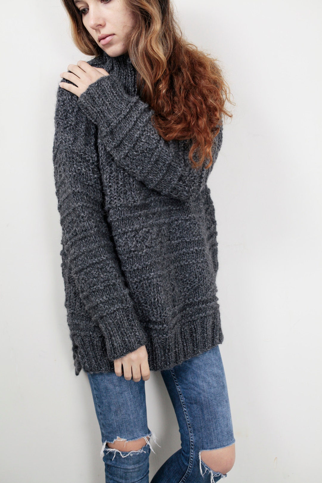 Hand Knit Oversized Sweater Wool Woman Sweater Long Sweater Charcoal ...