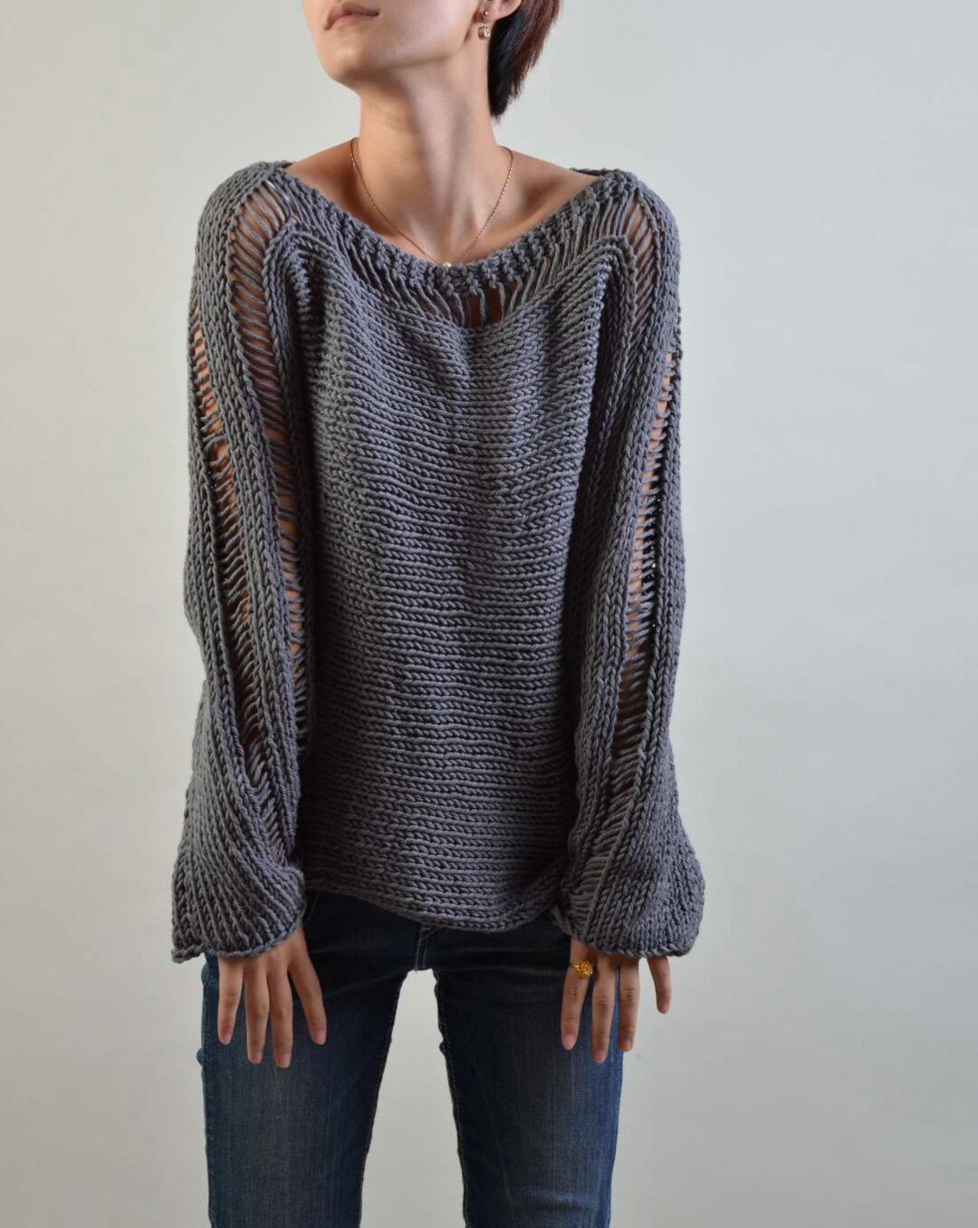 Hand Knit Woman Sweater Eco Cotton Charcoal Sweater Dark Grey - Etsy