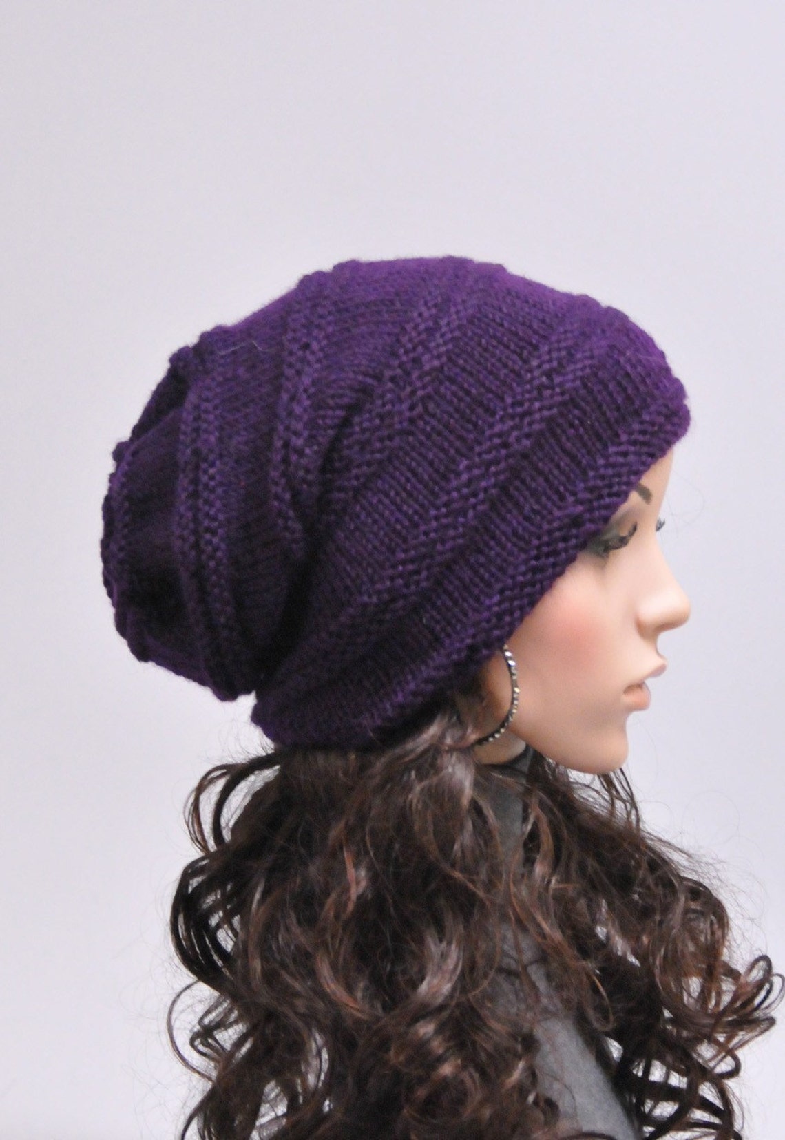 Hand Knit Woman Men Wool Slouchy Hat Deep Purple - Etsy