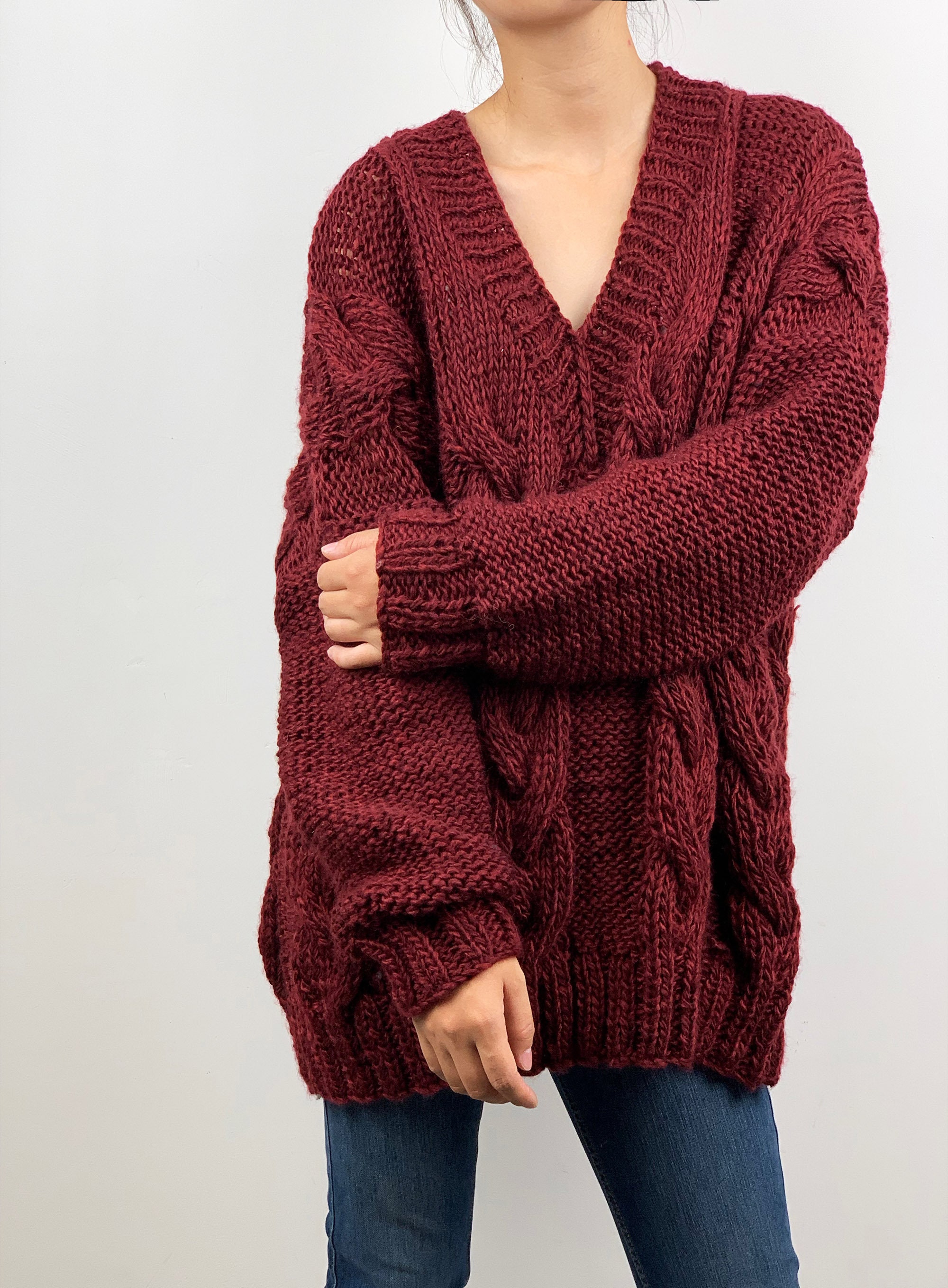 Hand Knit Sweater Wool Oversize Woman Pullover Sweater V Neck Etsy
