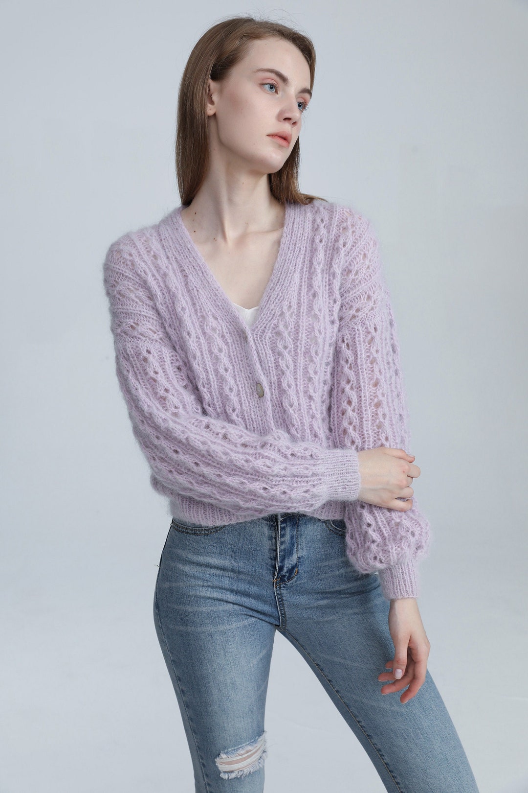 Hand Knit Mohair Cropped Cardigan: Misty Lilac Cable Knit - Etsy