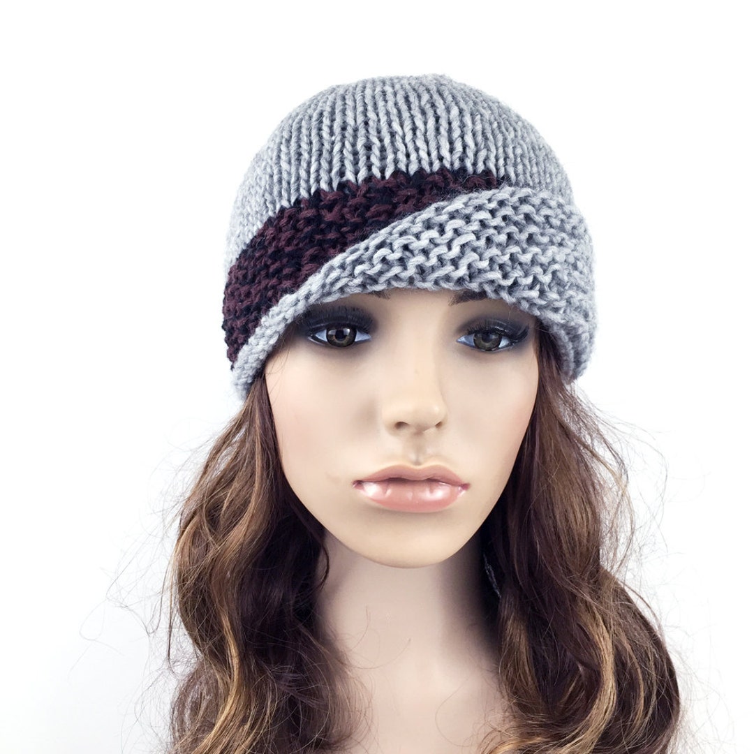 Hand Knit Hat Woman Hat Fold Band Hat Grey Hat Contrast Band Wool Hat ...