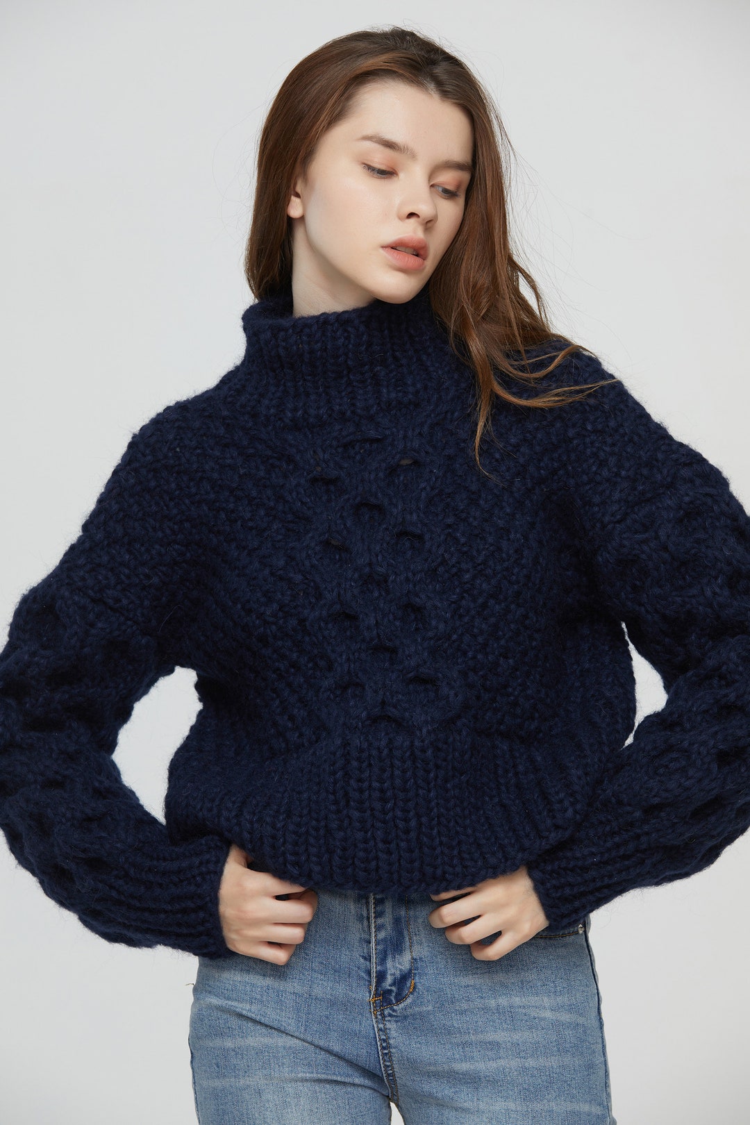 Hand Knit Oversize Woman Sweater Crewneck Mohair Pullover Cable Knit ...