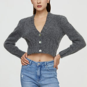 Hand Knit Woman Sweater Mohair Knit Short Cropped Top Button Front ...